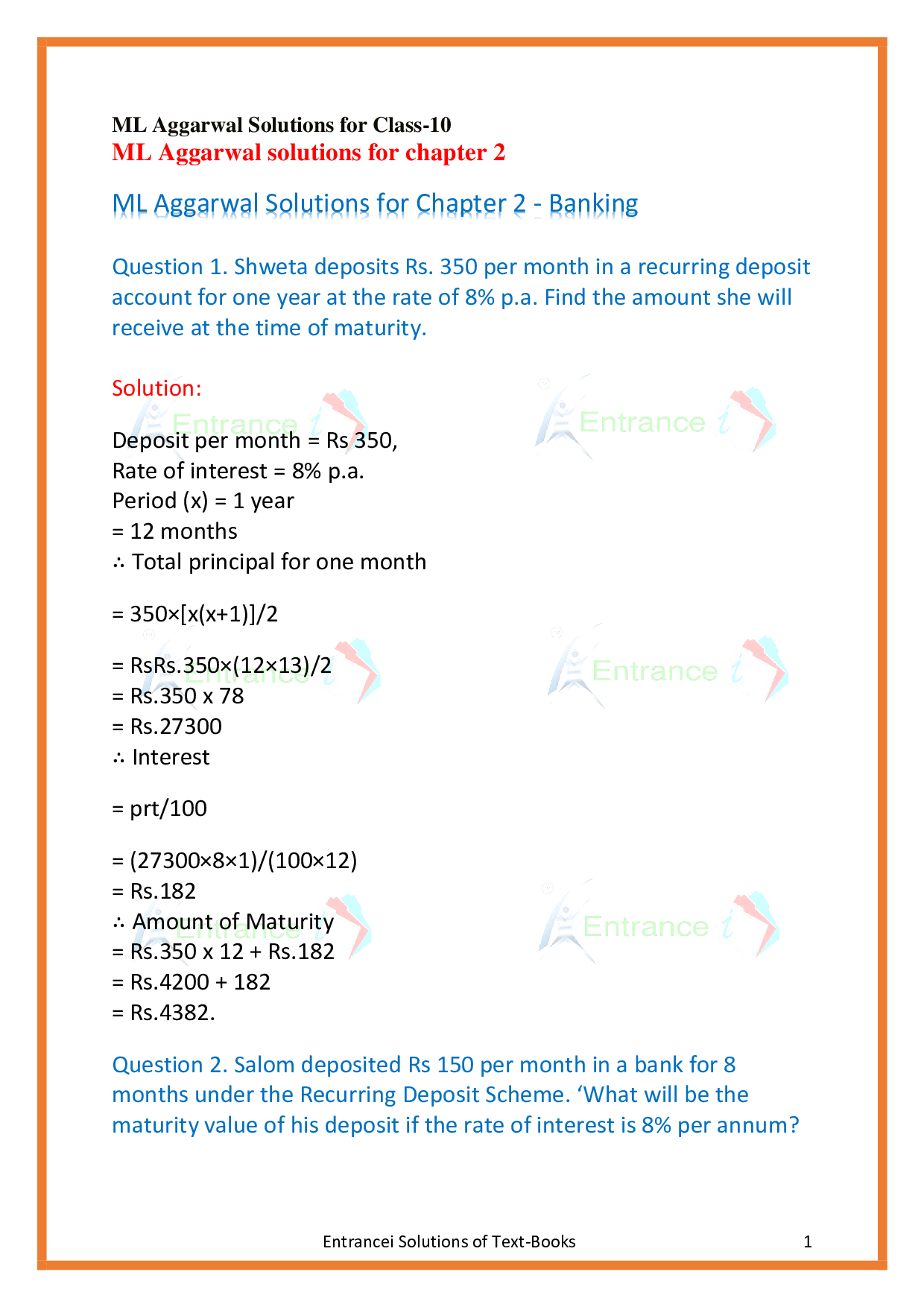 ML Aggarwal Class 10 solutions For Chapter-2 Banking | Entrancei