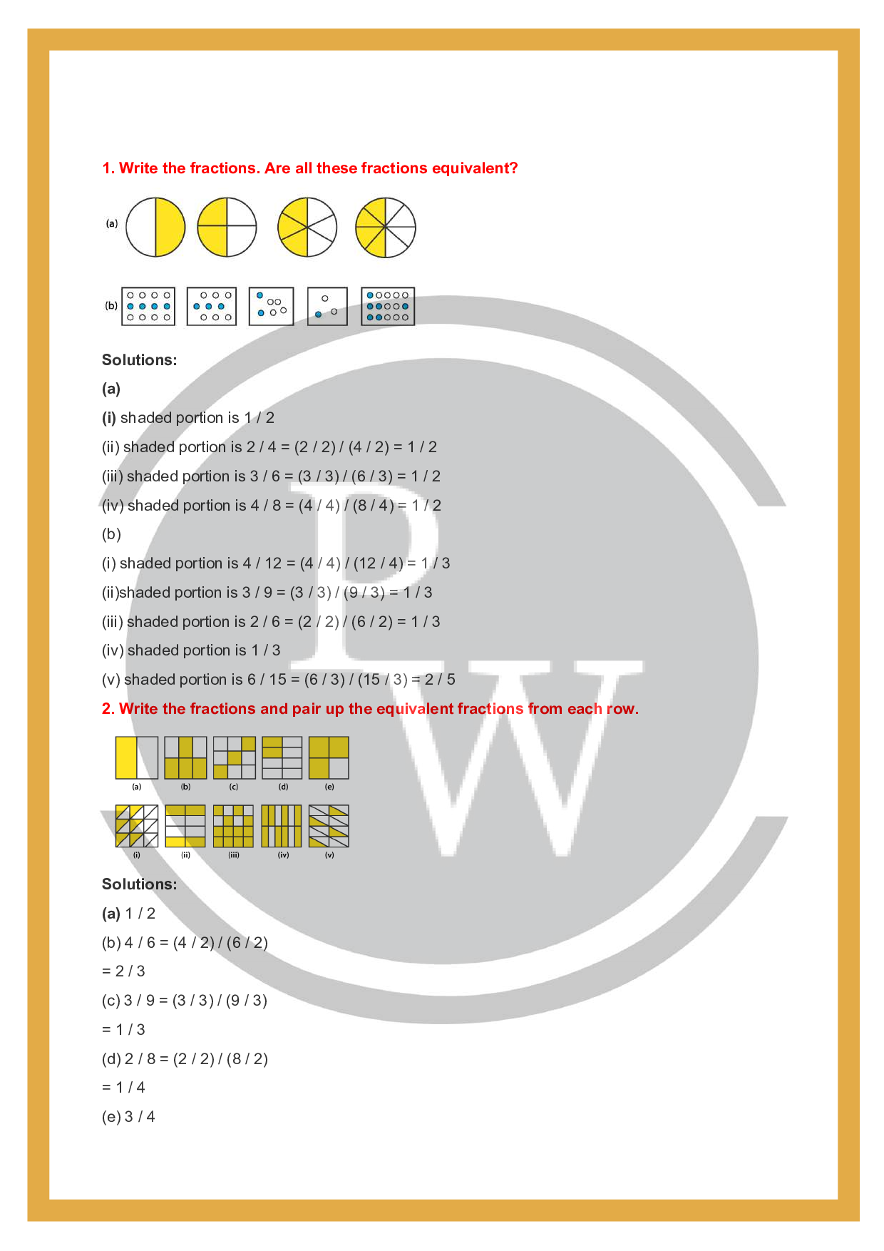 NCERT Solutions For Class 6 Maths Chapter 7 Fractions PW