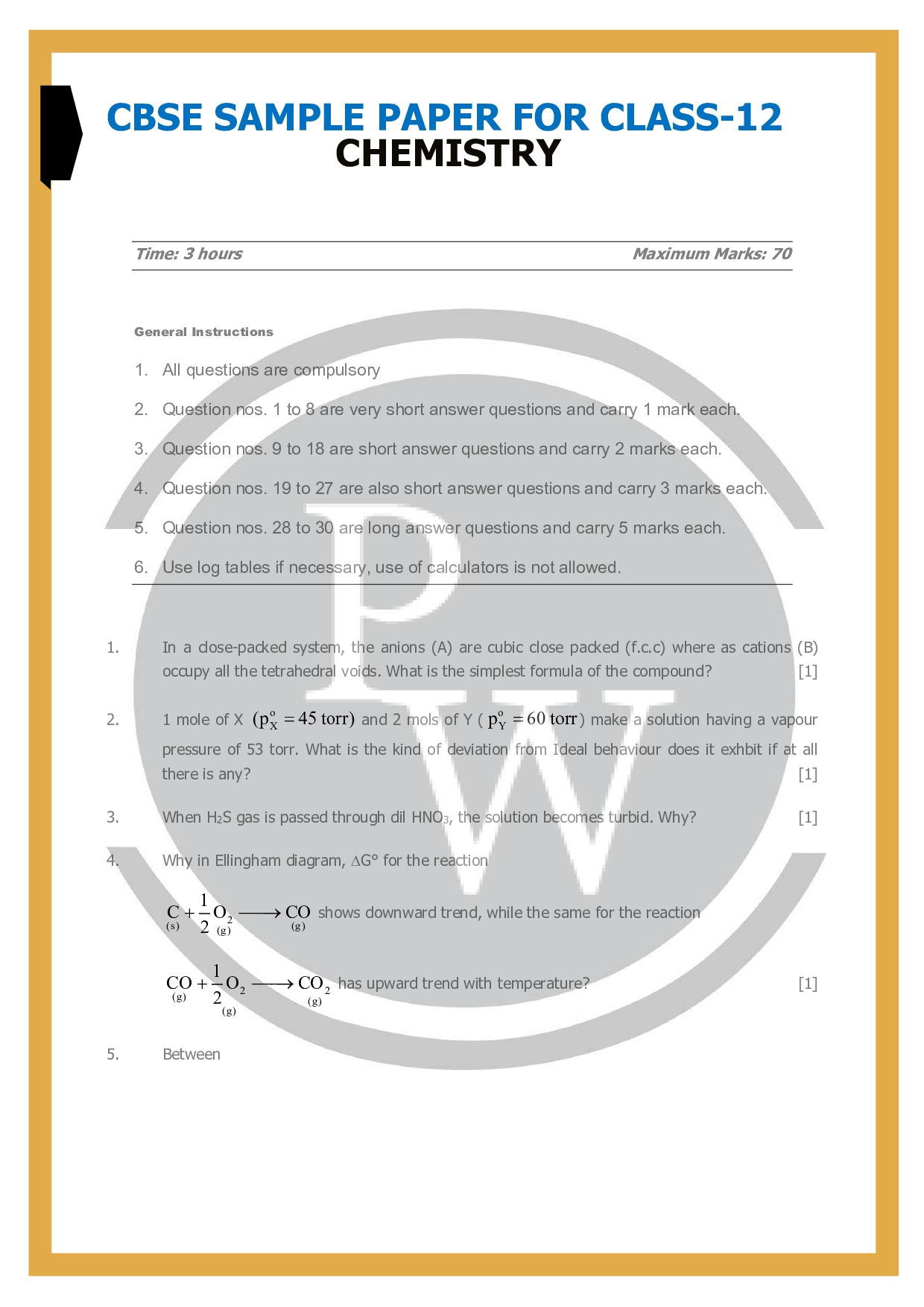 Sample paper-4 For Class 12 Chemistry with solution | PW