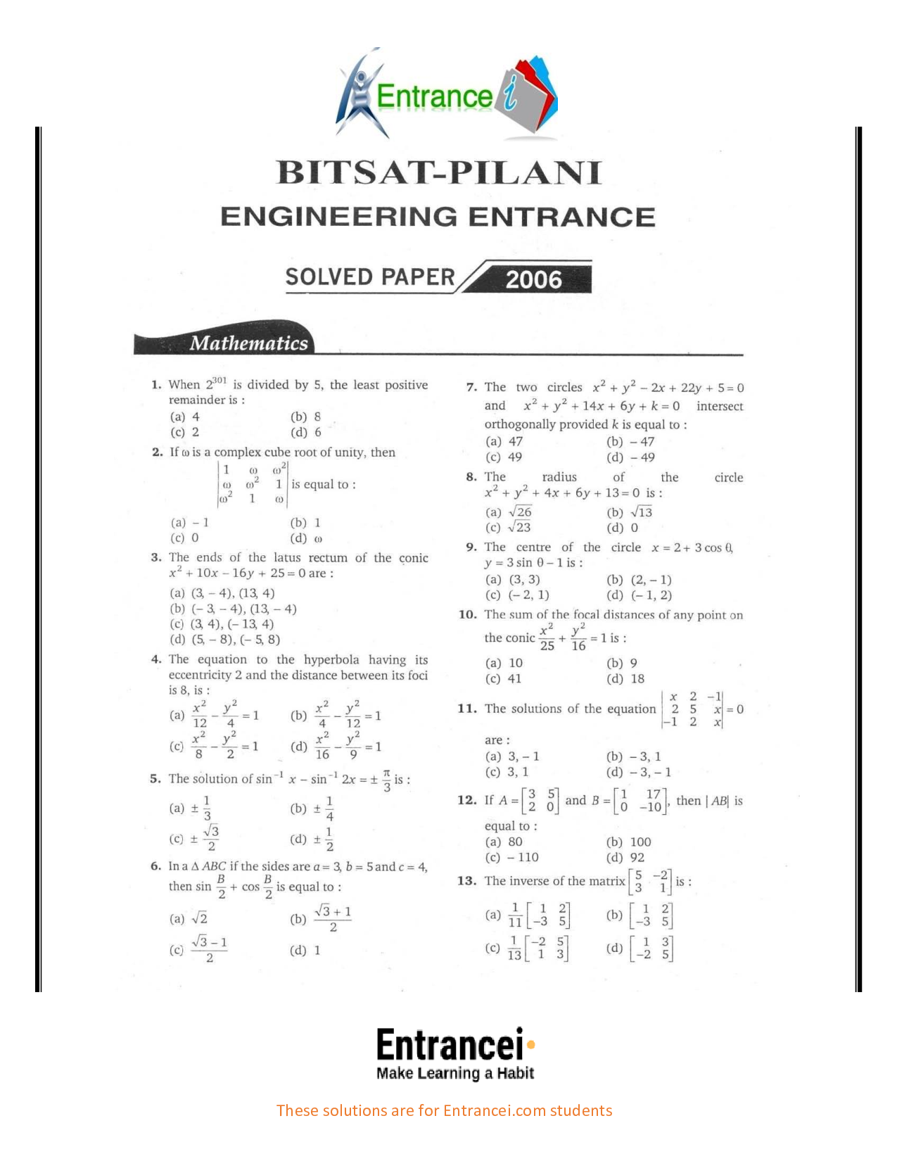 Previous Year BITSAT Question Paper-2006 With Answer Key | PW