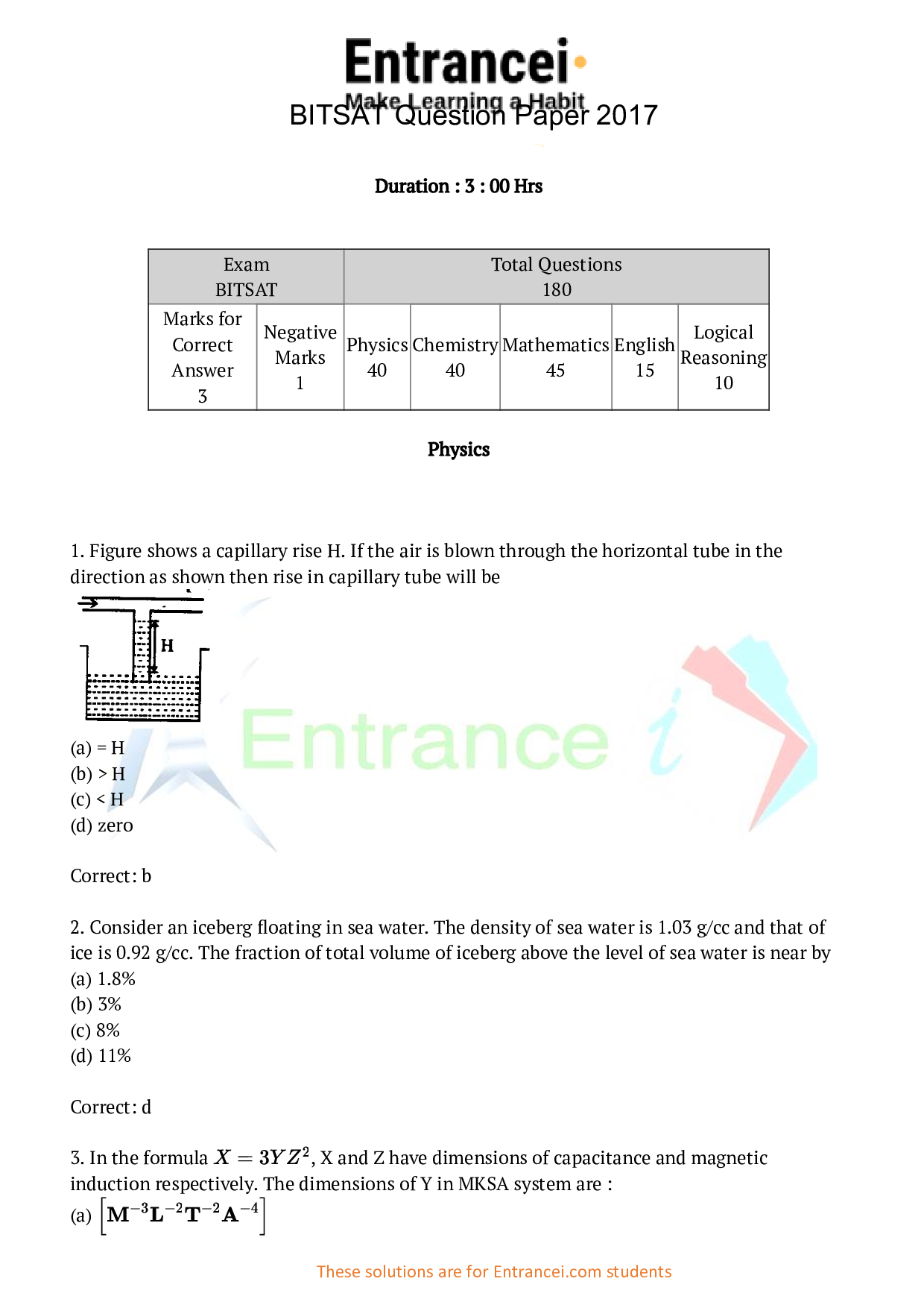 Previous Year BITSAT Question Paper-2017 With Answer Key | PW
