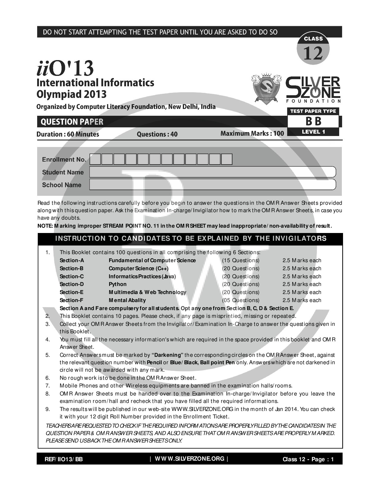 International Informatics Olympiad 2013 Question paper for class 12| Physics wallah