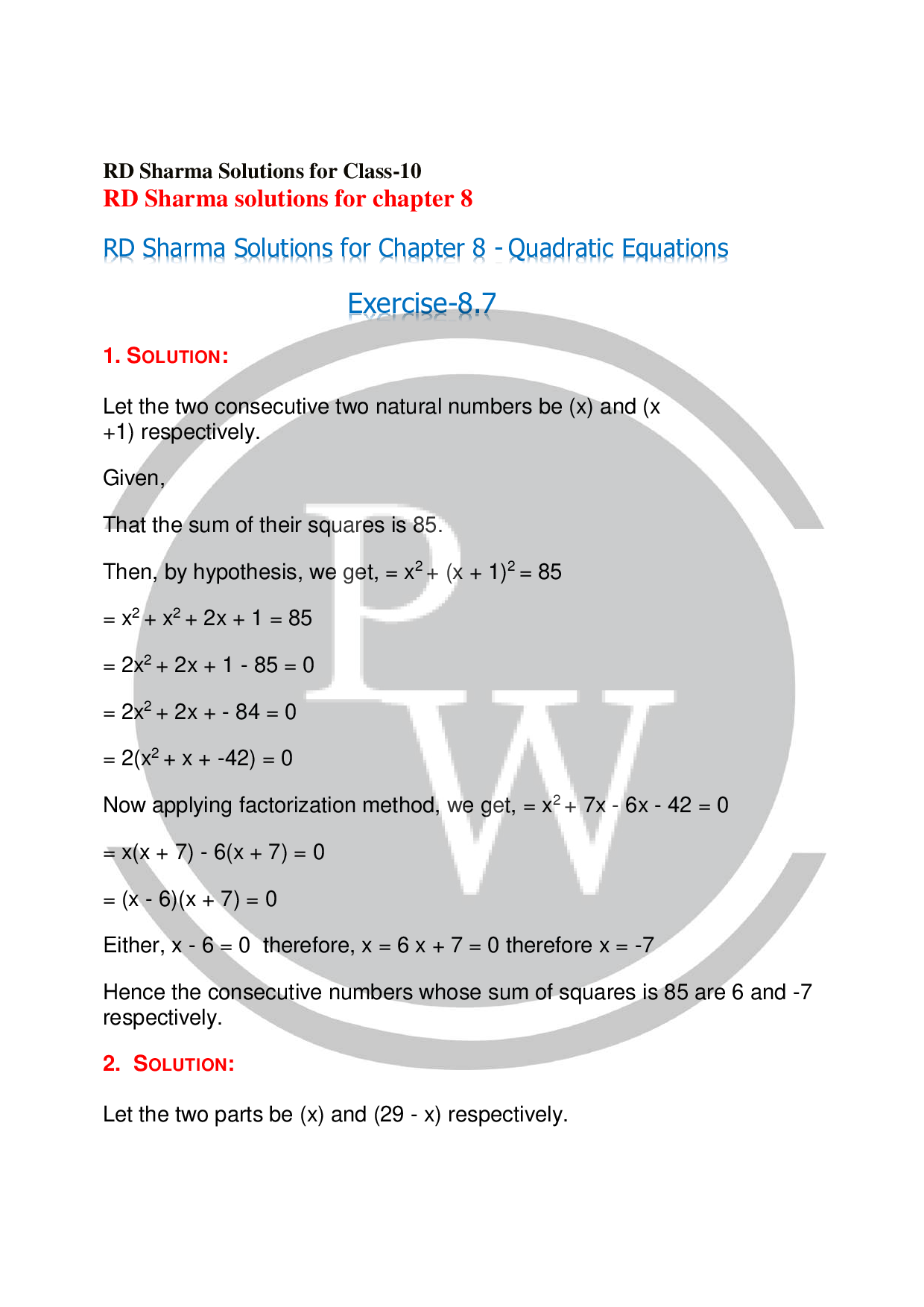 RD Sharma Class 10 Solutions Chapter 8 -Quadratic Equations Exercise 8. ...