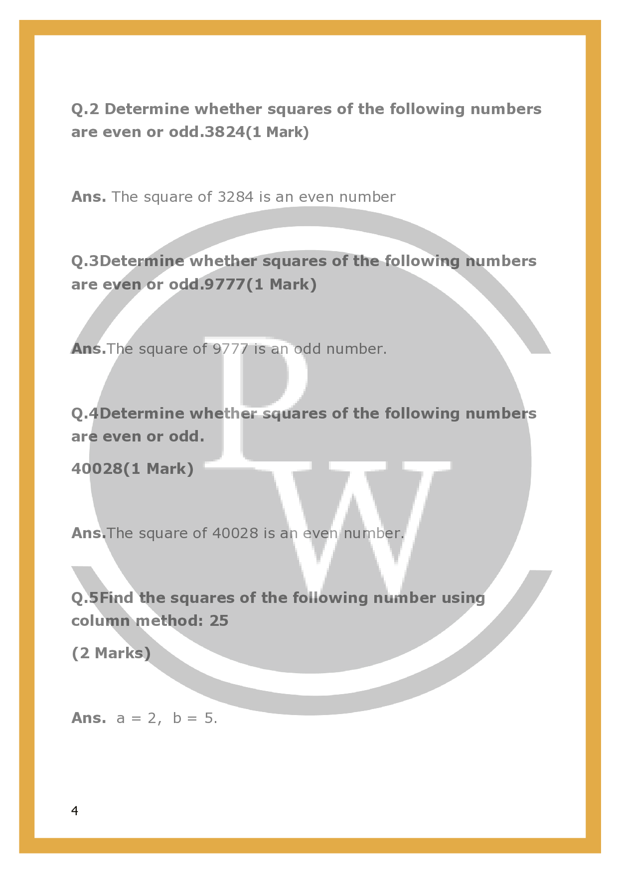 Important Question ForChapter 6 Squares Square Roots PW Important Question ForChapter 6 Squares Square Roots PW
