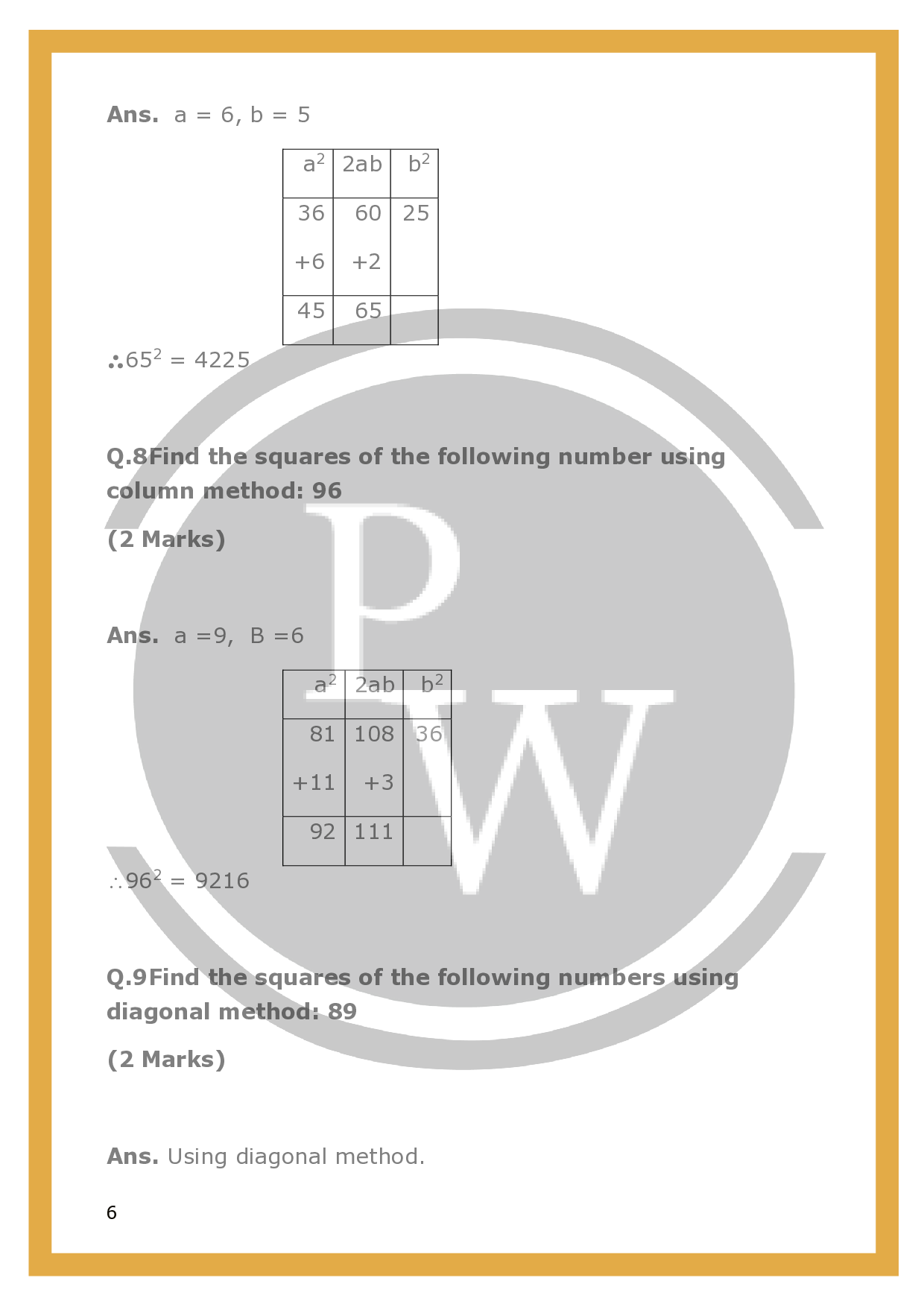 Important Question ForChapter 6 Squares Square Roots PW Important Question ForChapter 6 Squares Square Roots PW