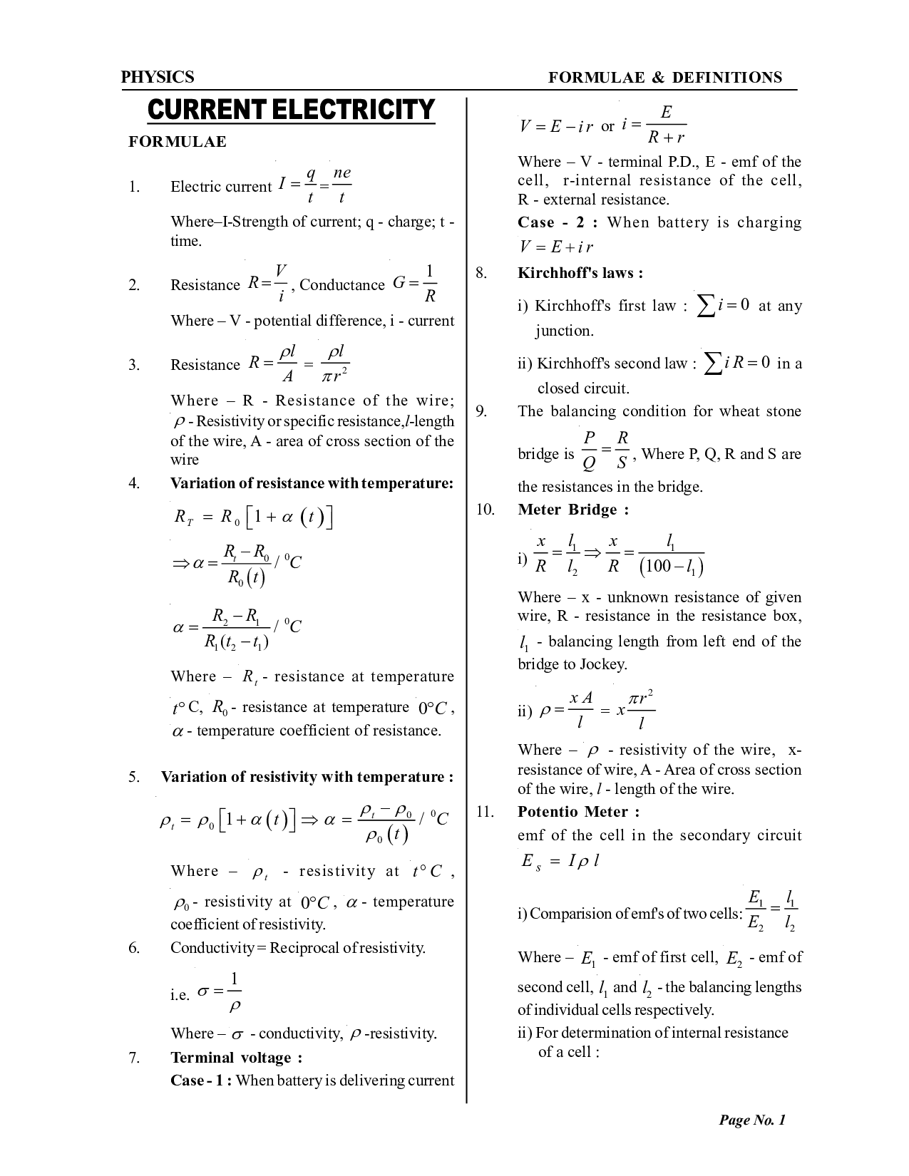 Formula Booklet Physics Class 12 Current Electricity PW