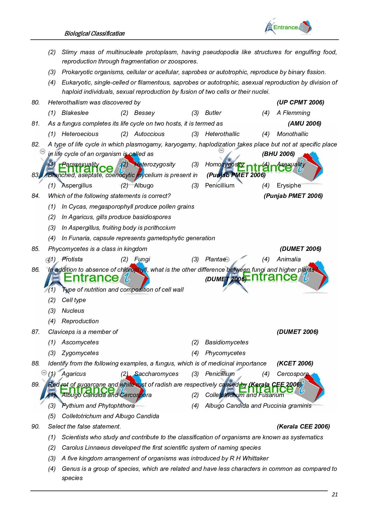 Neet Biology Classification Of Plant Kingdom Mcqs Set A NEET Biology ...