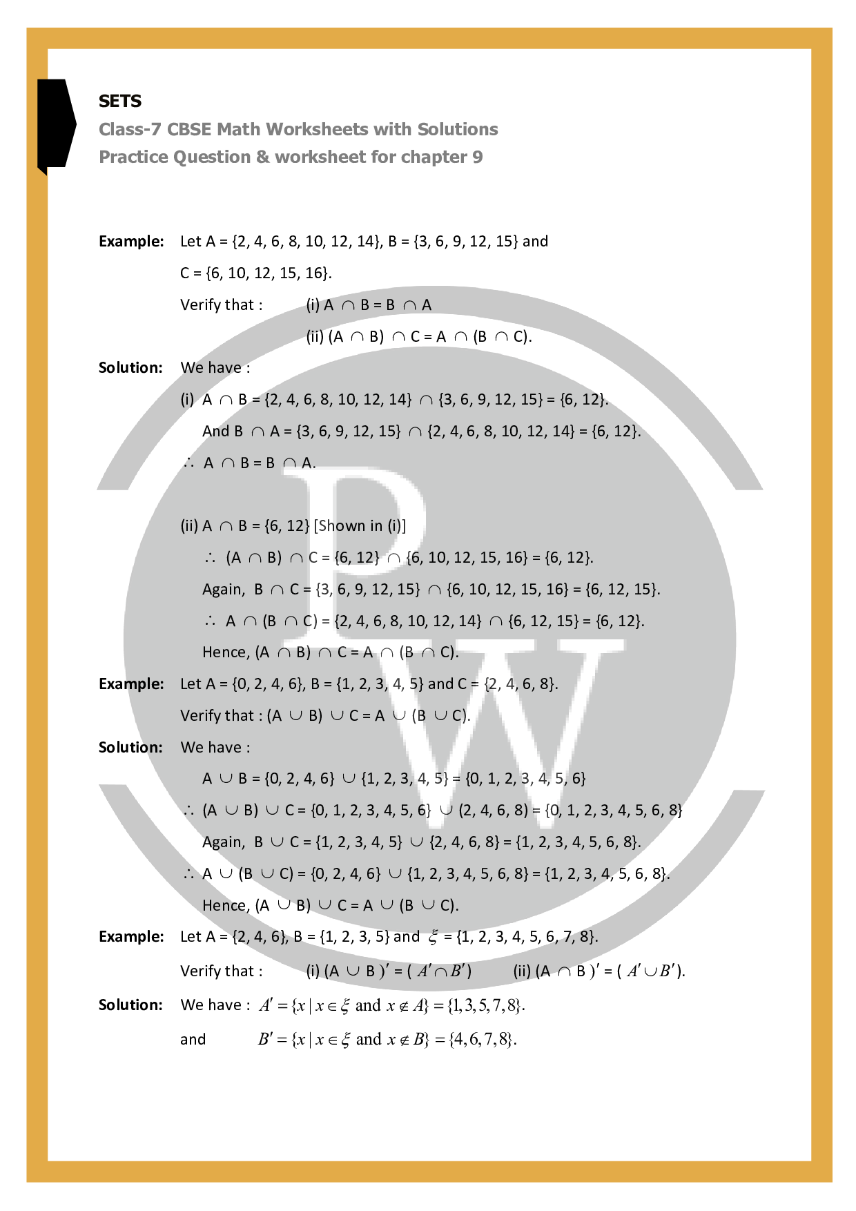 Maths for chapter-8 Sets Worksheet for class 7 | PW