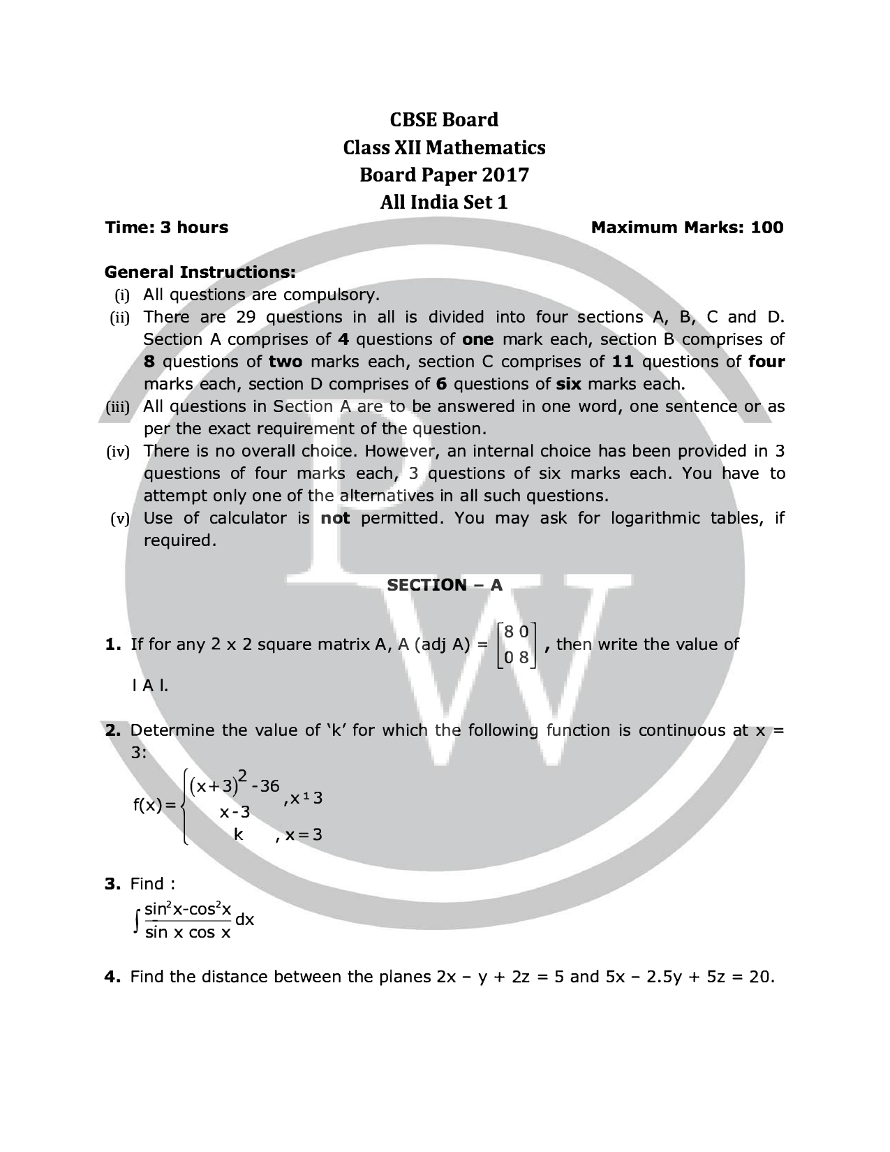 CBSE class 12 Maths question paper 2017 pdf |PW