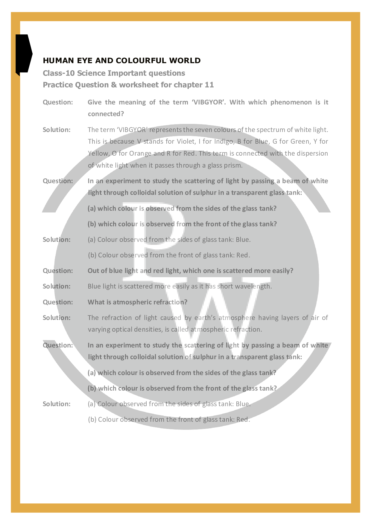 Important questions|Human Eye and Colourful World | PW