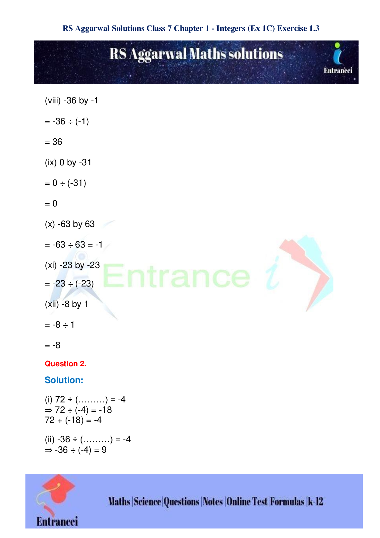 Exercise-1C of RS Aggarwal Class 7 Maths Solutions Chapter-1 Integers