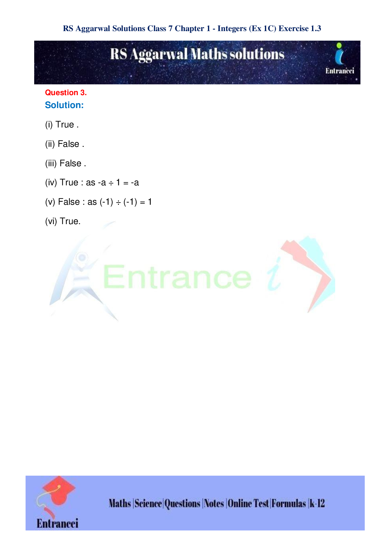 Exercise-1C of RS Aggarwal Class 7 Maths Solutions Chapter-1 Integers