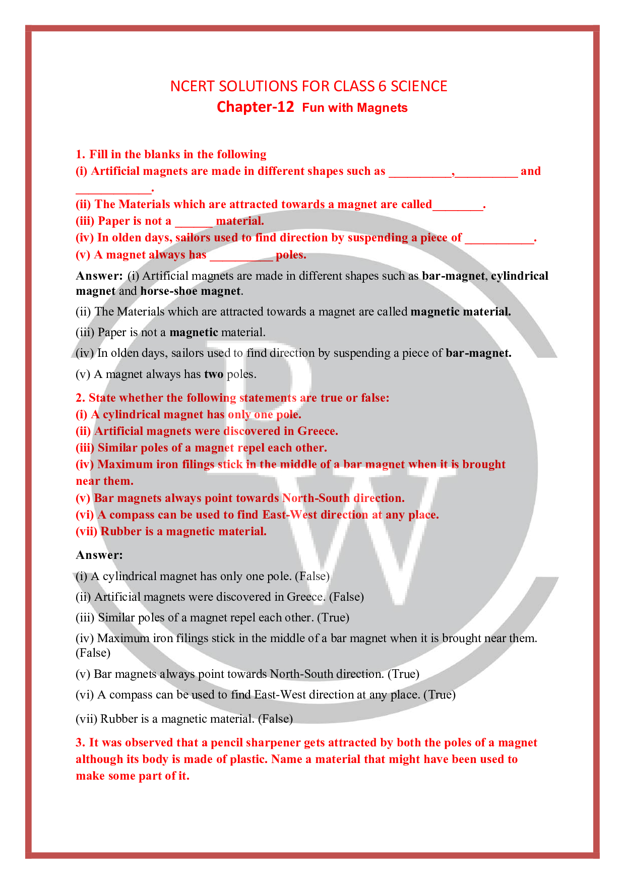 Class 6 science Chapter 13 – Fun with Magnets NCERT Solutions | PW