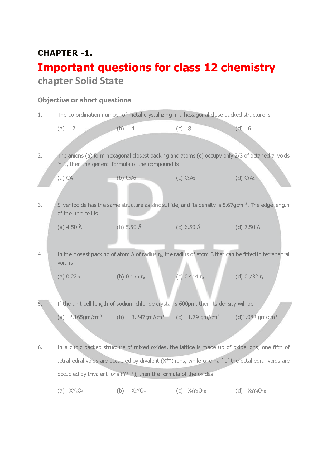 Important questions for Class 12 chemistry Chapter-1 | PW
