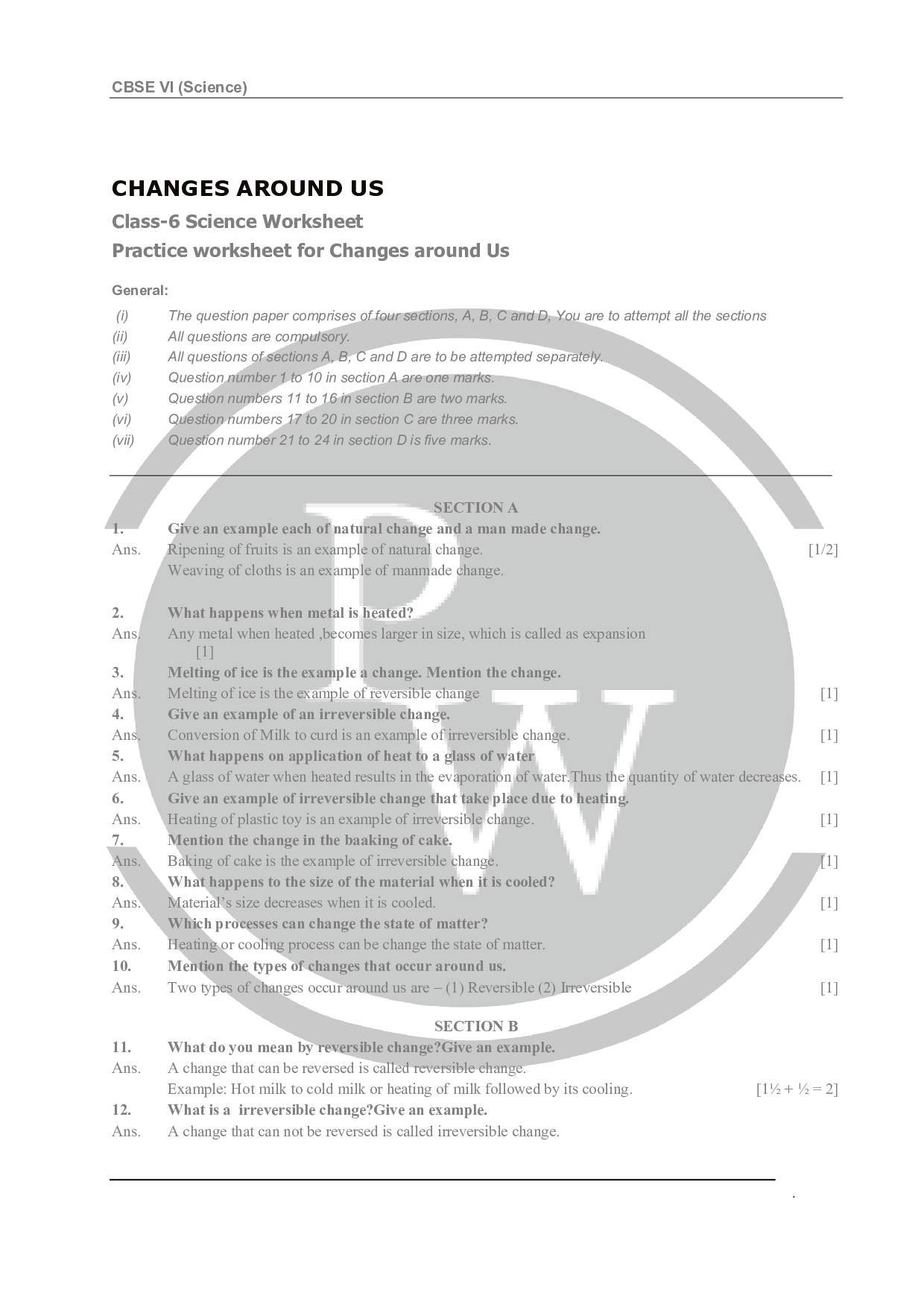 Class 6 science Worksheets Chapter 6 Changes around Us | PW