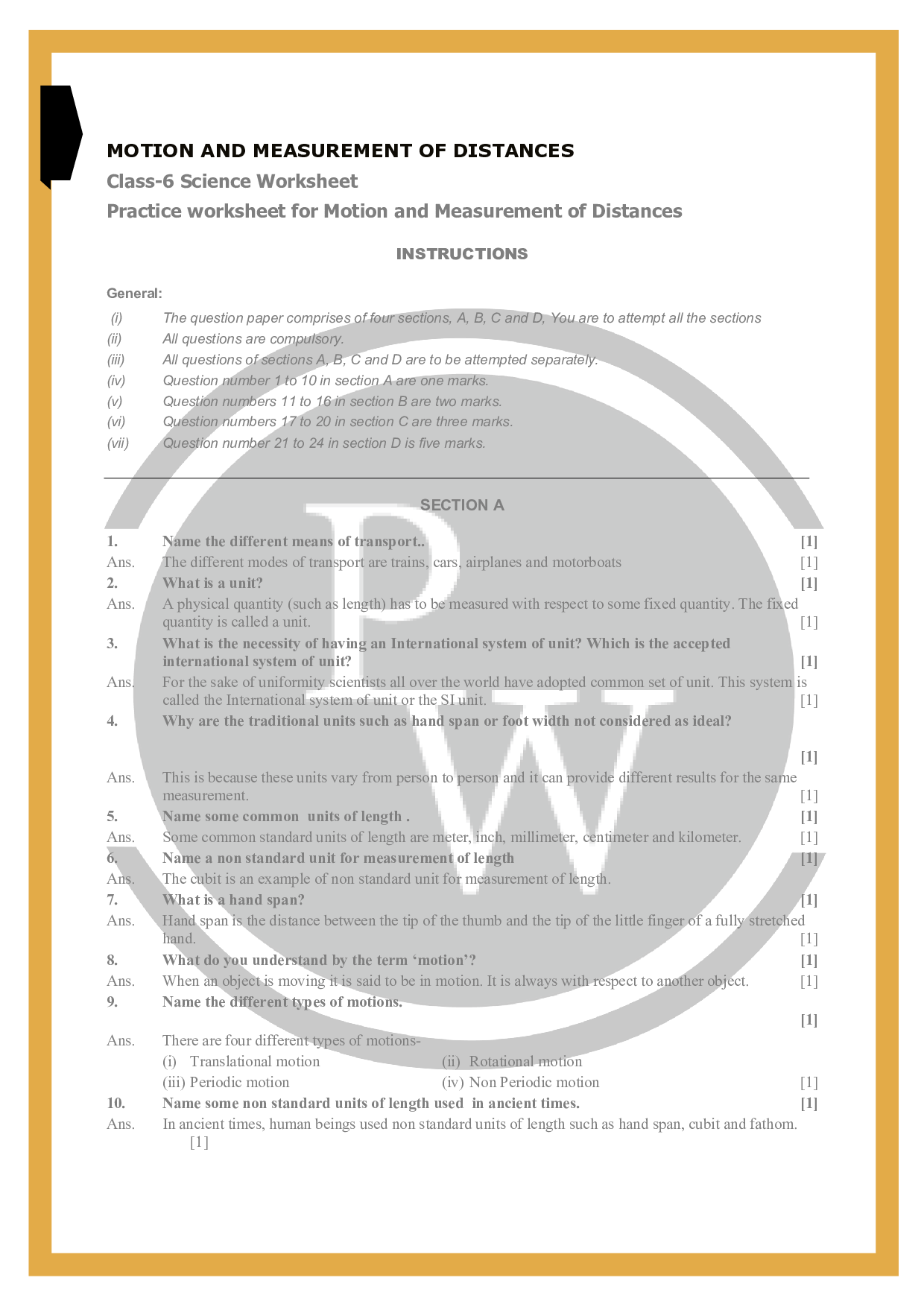 Worksheet for Class 6 Science Chapter 10 | Physics Wallah
