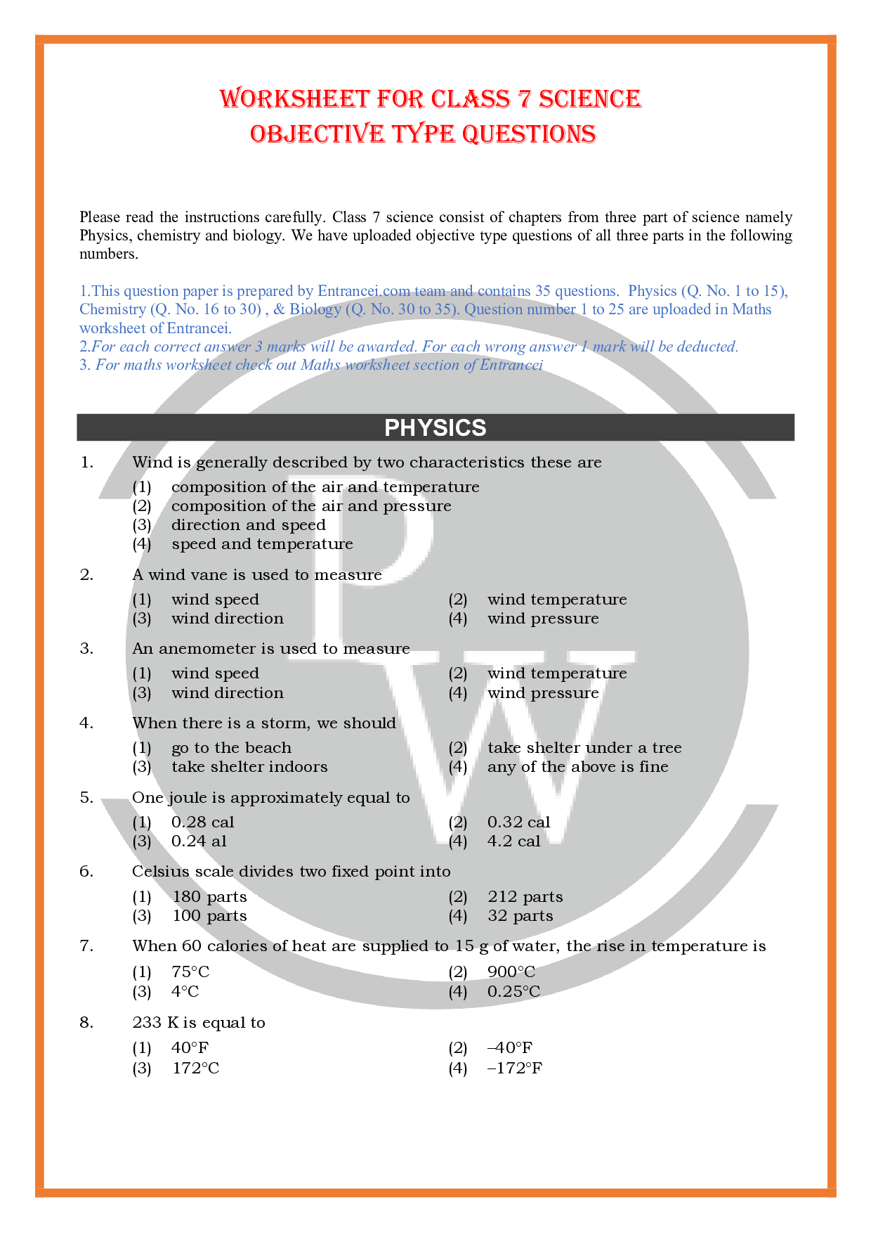 Class 7 Science Worksheet-4 With Answer key |Physics Wallah