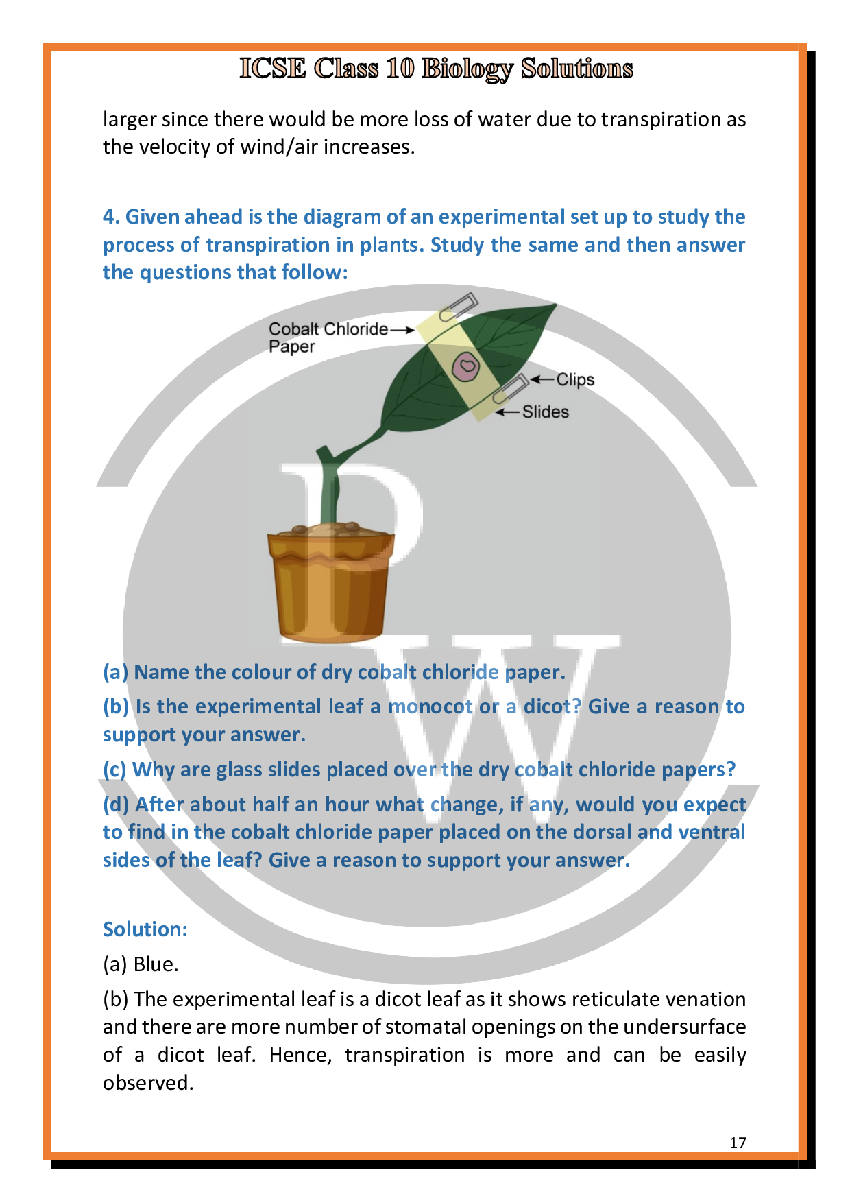 ICSE Class 10 Biology solutions for chapter-5 Transpiration | PW