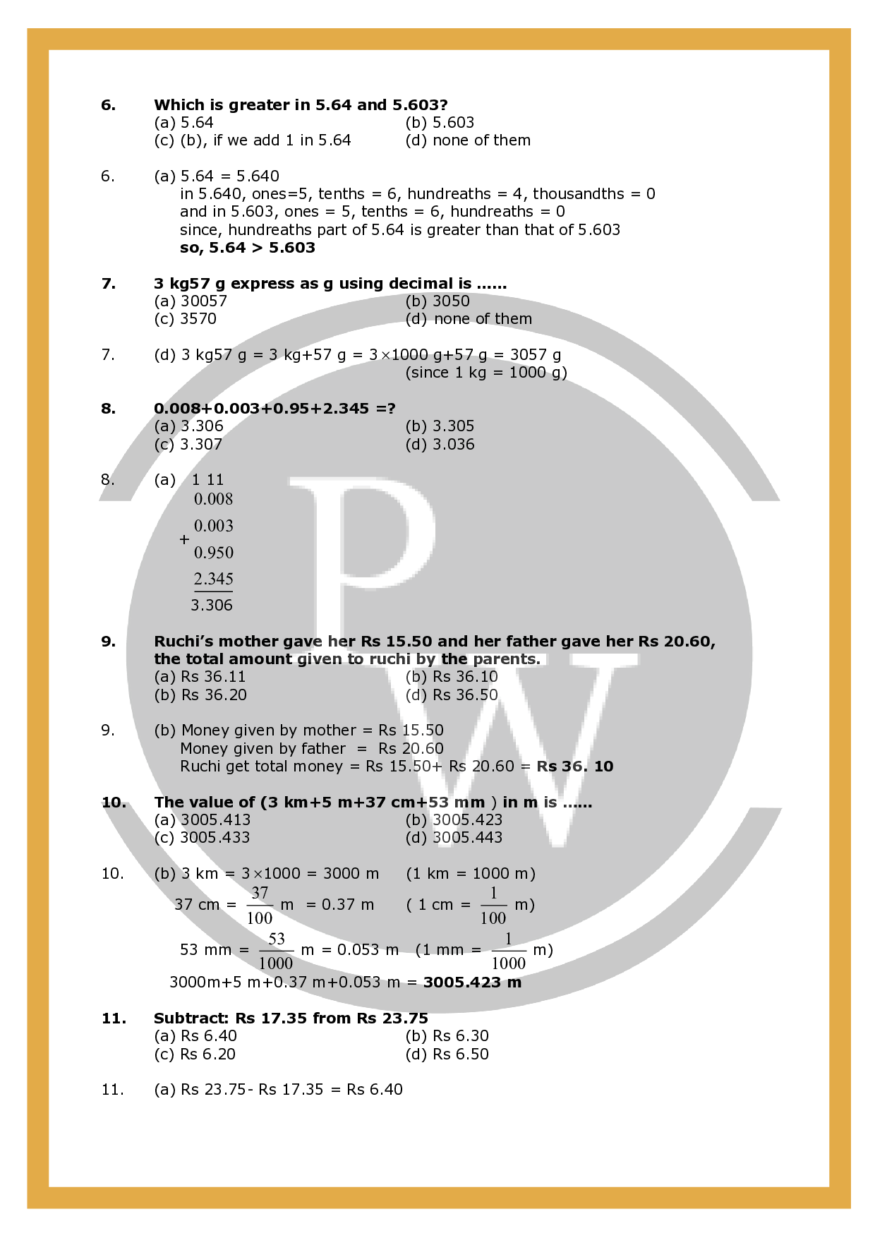 Worksheet-2 for chapter-8 Decimals class 6 Maths | Physics Wallah