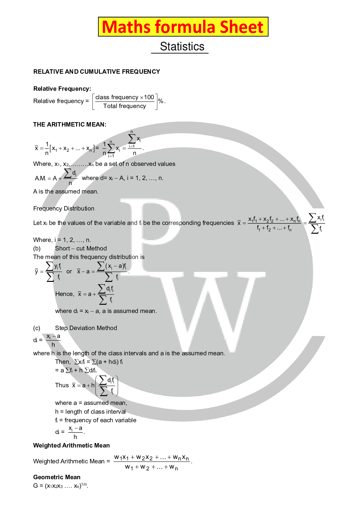 Chapter Statistics Class 11 Maths Formula