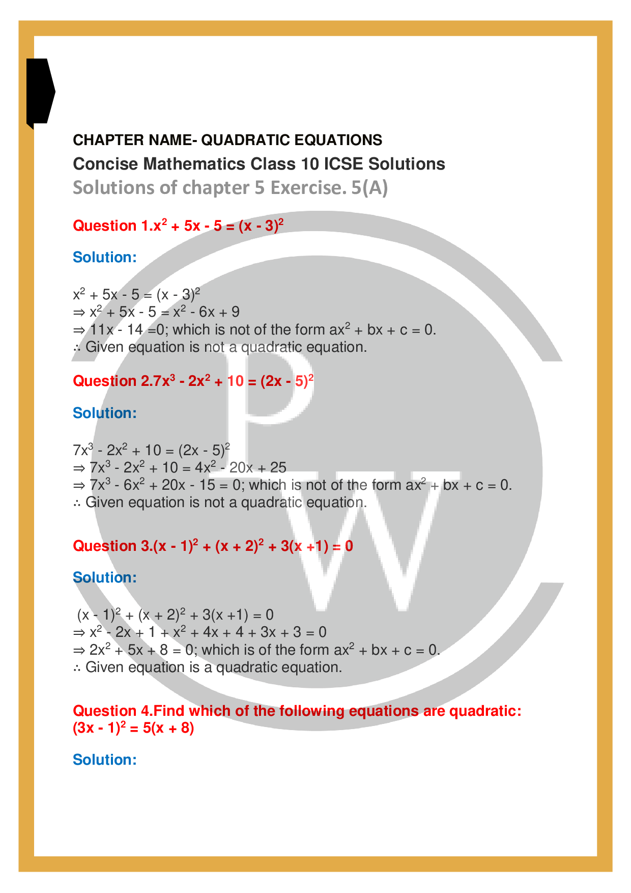ICSE Class 10 Maths Exercise-5A Quadratic Equations