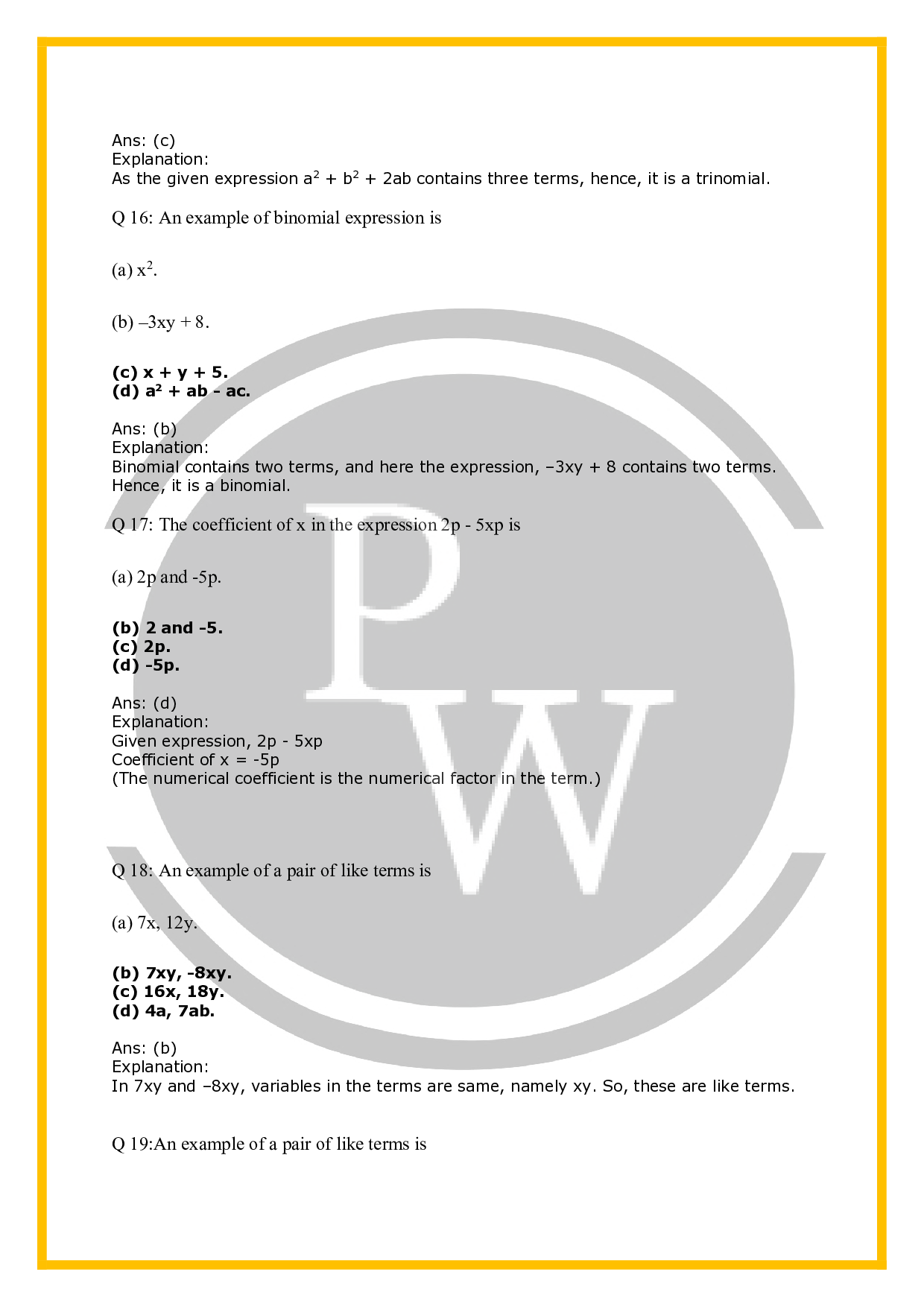 CBSE Class 7 Maths worksheet for chapter-12 Algebraic expression | PW