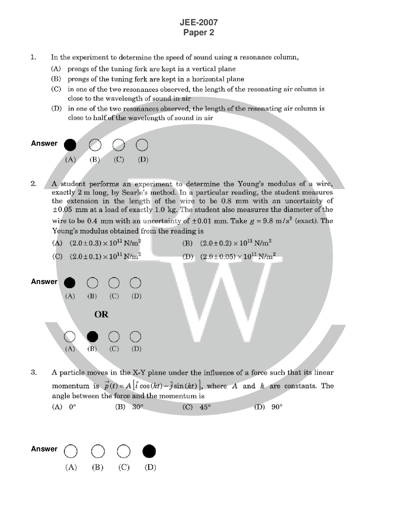 JEE Advance Question paper- 2007 Paper-2 With Answer Key |PW