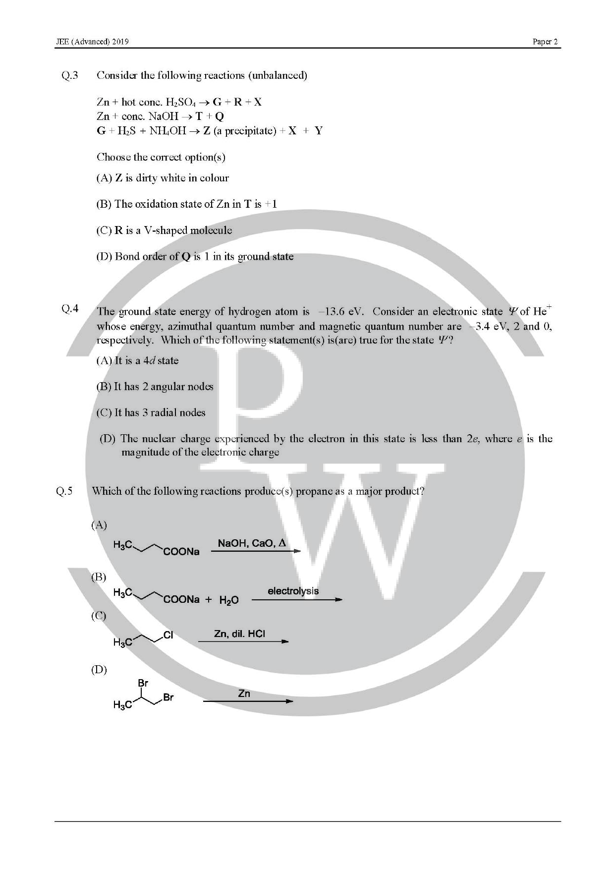 JEE Advance Question paper- 2019 Paper-2 With Answer Key | PW