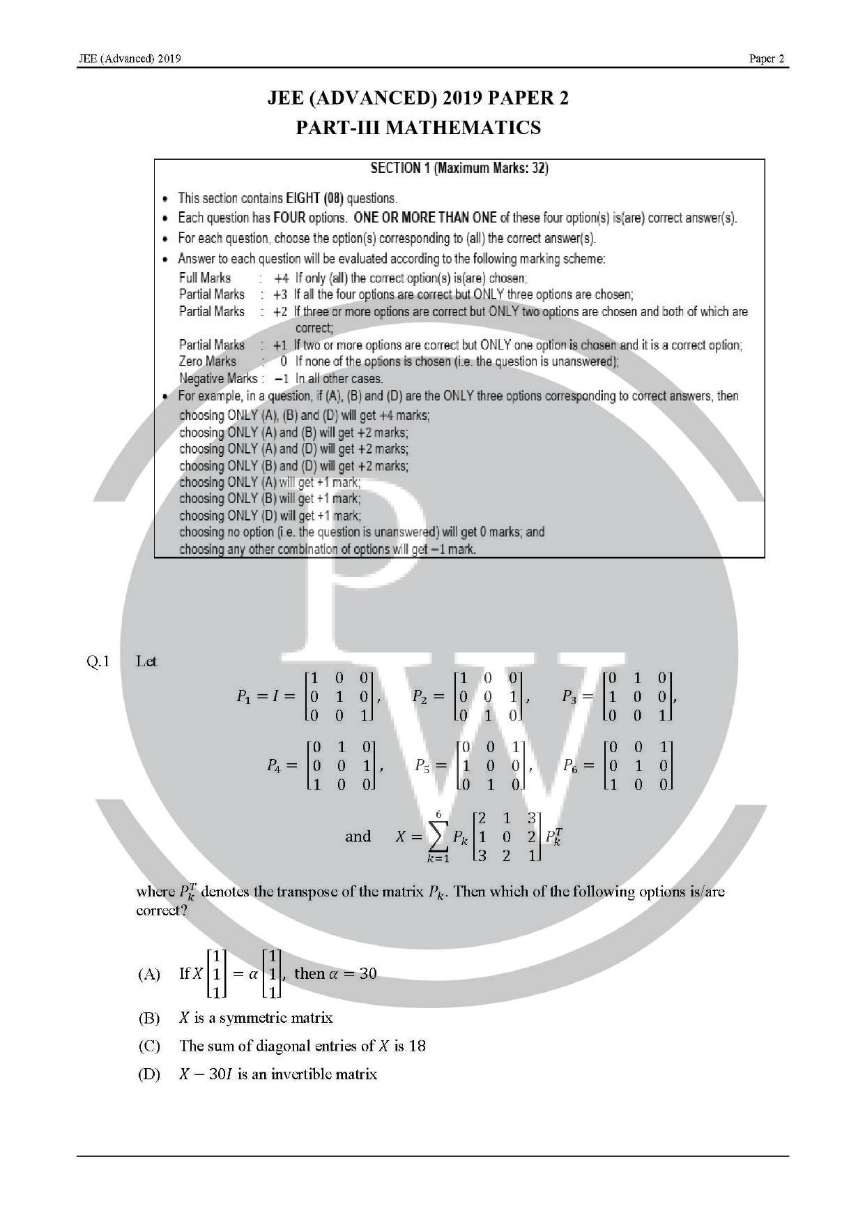 JEE Advance Question paper- 2019 Paper-2 With Answer Key | PW