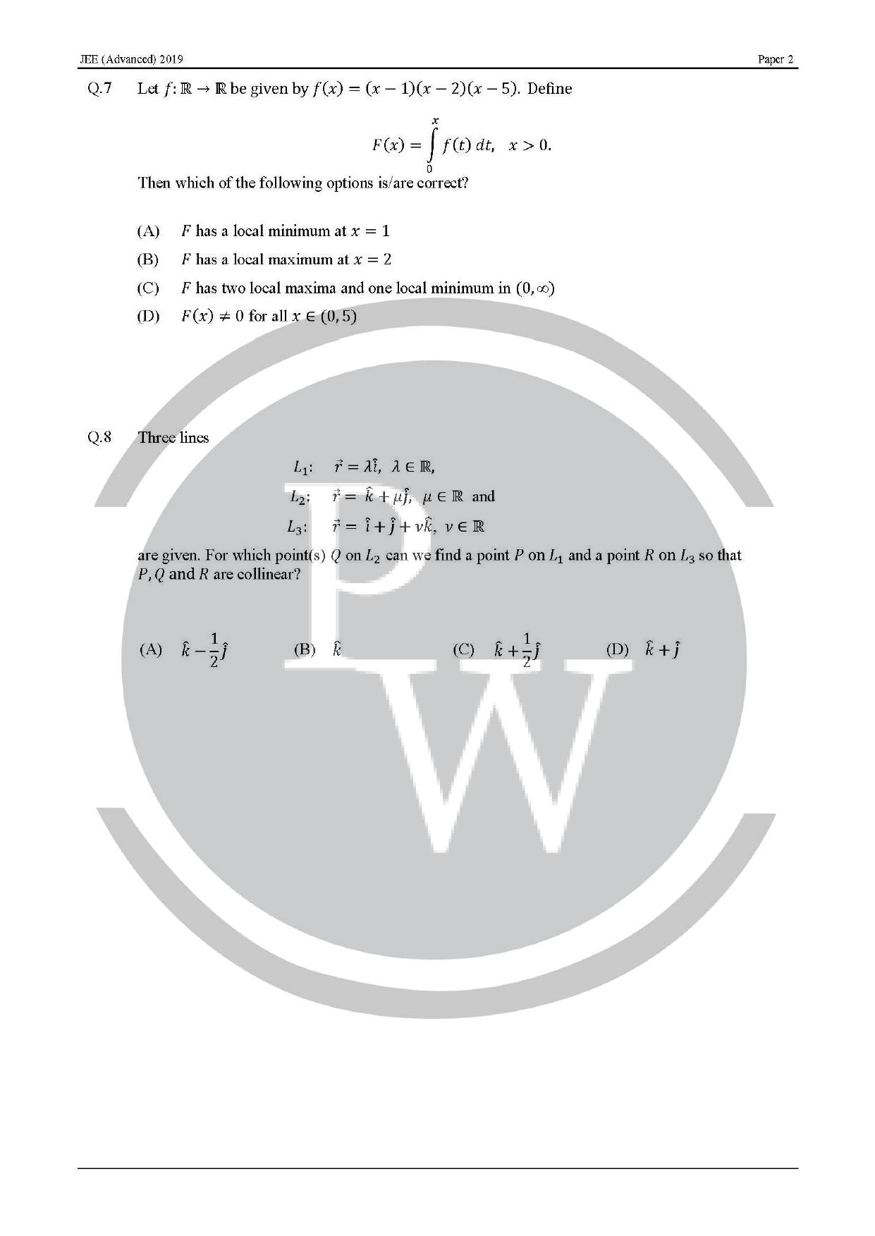 JEE Advance Question paper- 2019 Paper-2 With Answer Key | PW