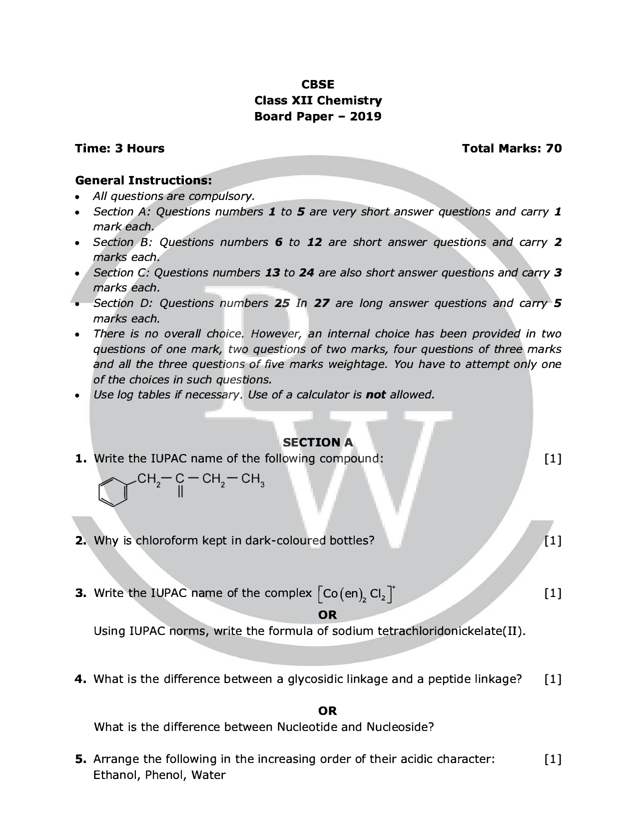 CBSE Class 12 Chemistry Question Paper 2019 Pdf | PW