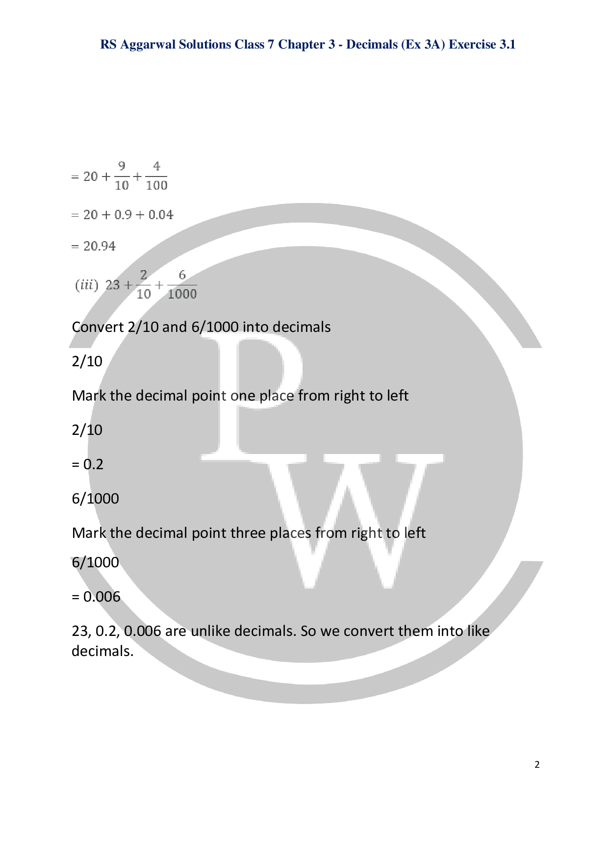 Exercise-3A of RS Aggarwal Class 7 Maths Solutions Chapter-3 Decimals|PW