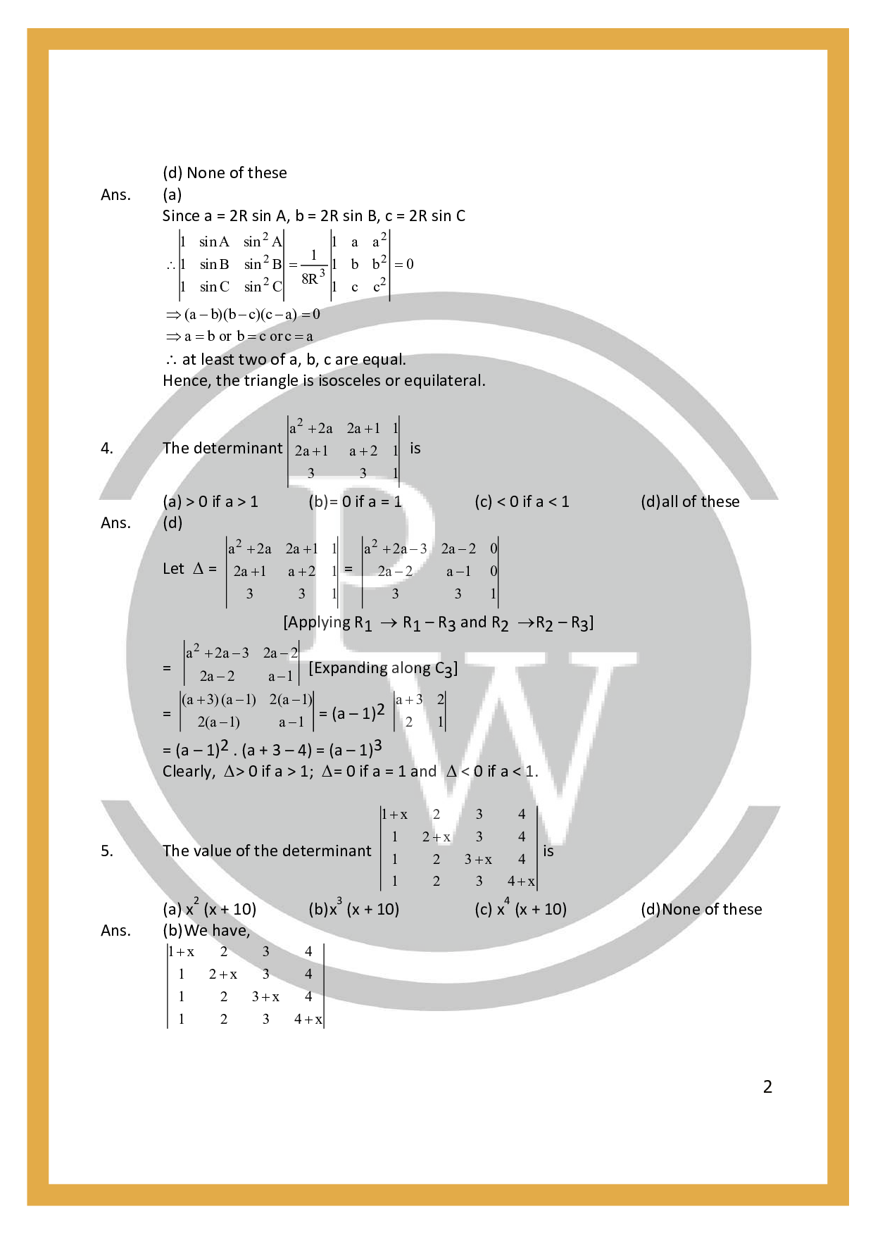 Important Questions For Class 12 Chapter 4 Determinants PW