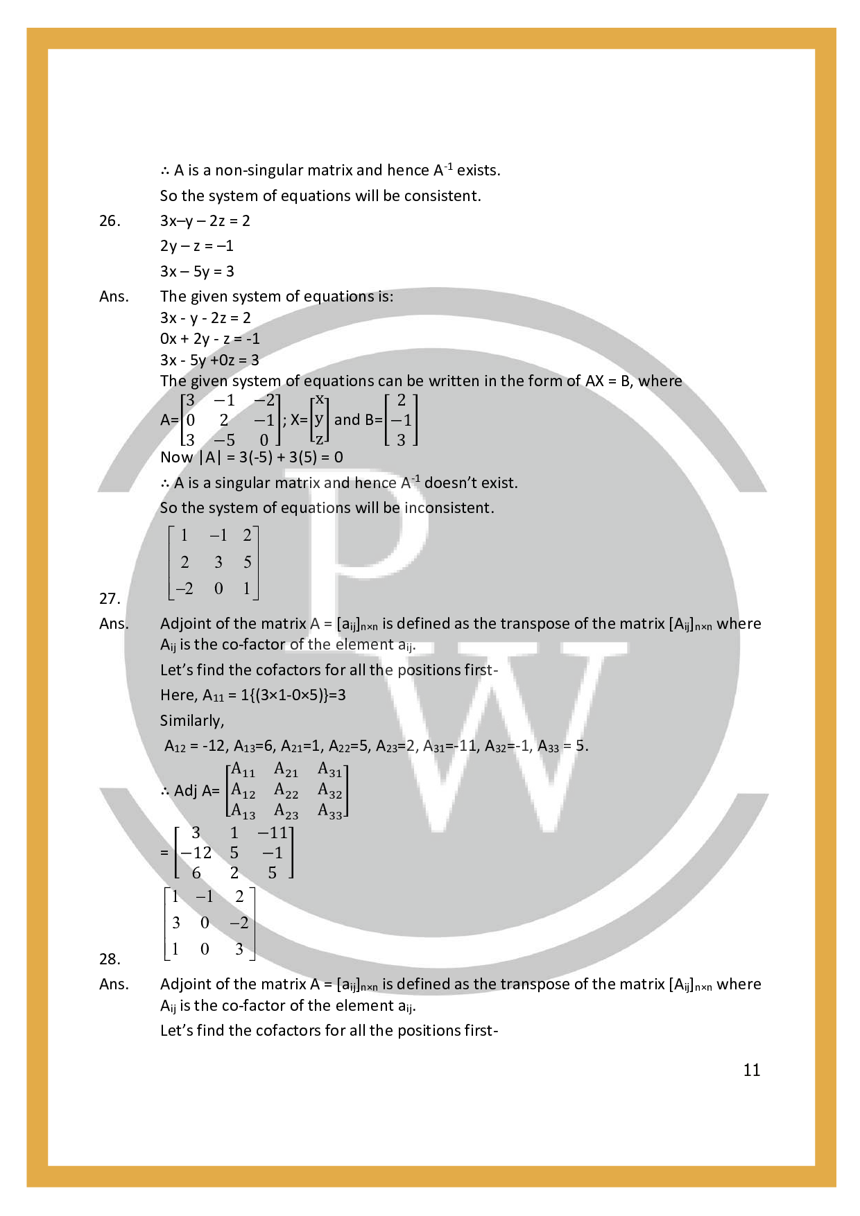 Important Questions For Class 12 Chapter 4 Determinants PW