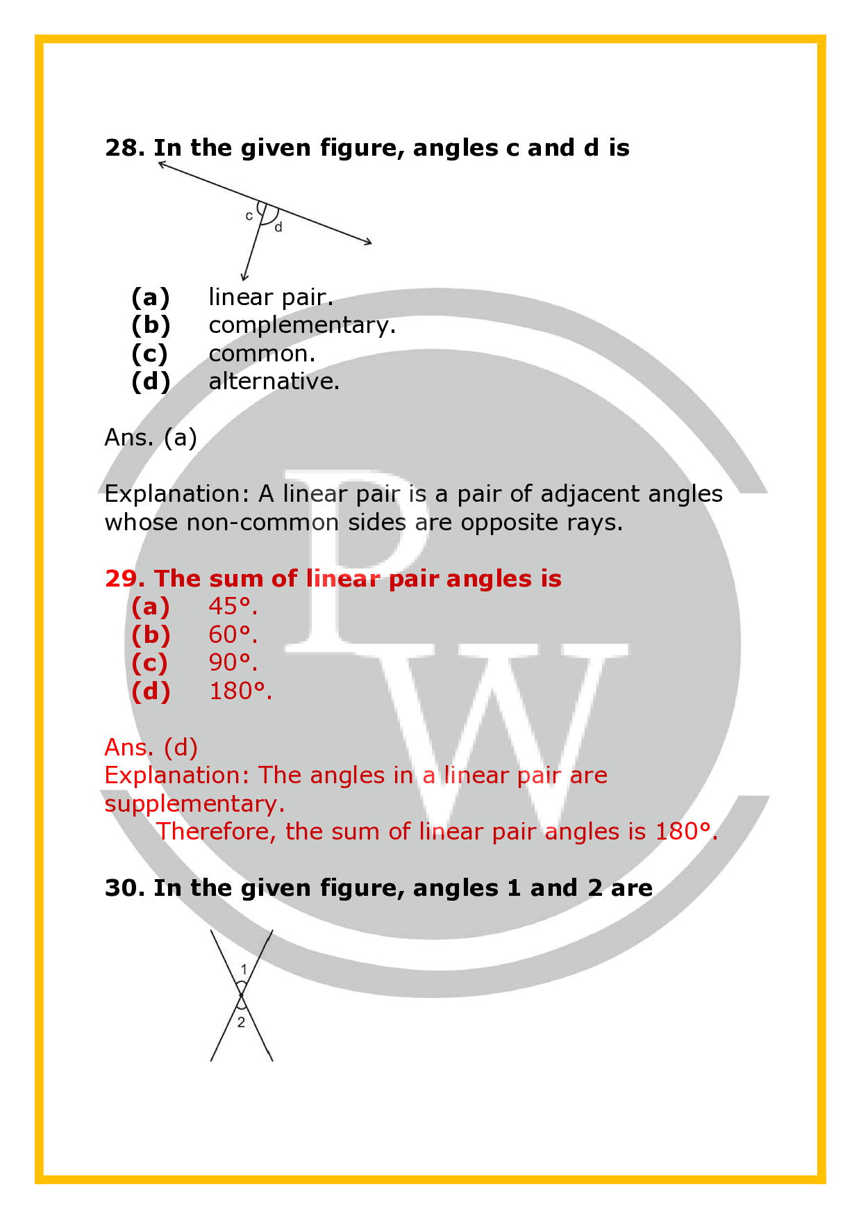 CBSE Class 7 Maths Worksheet For Line And Angles PW