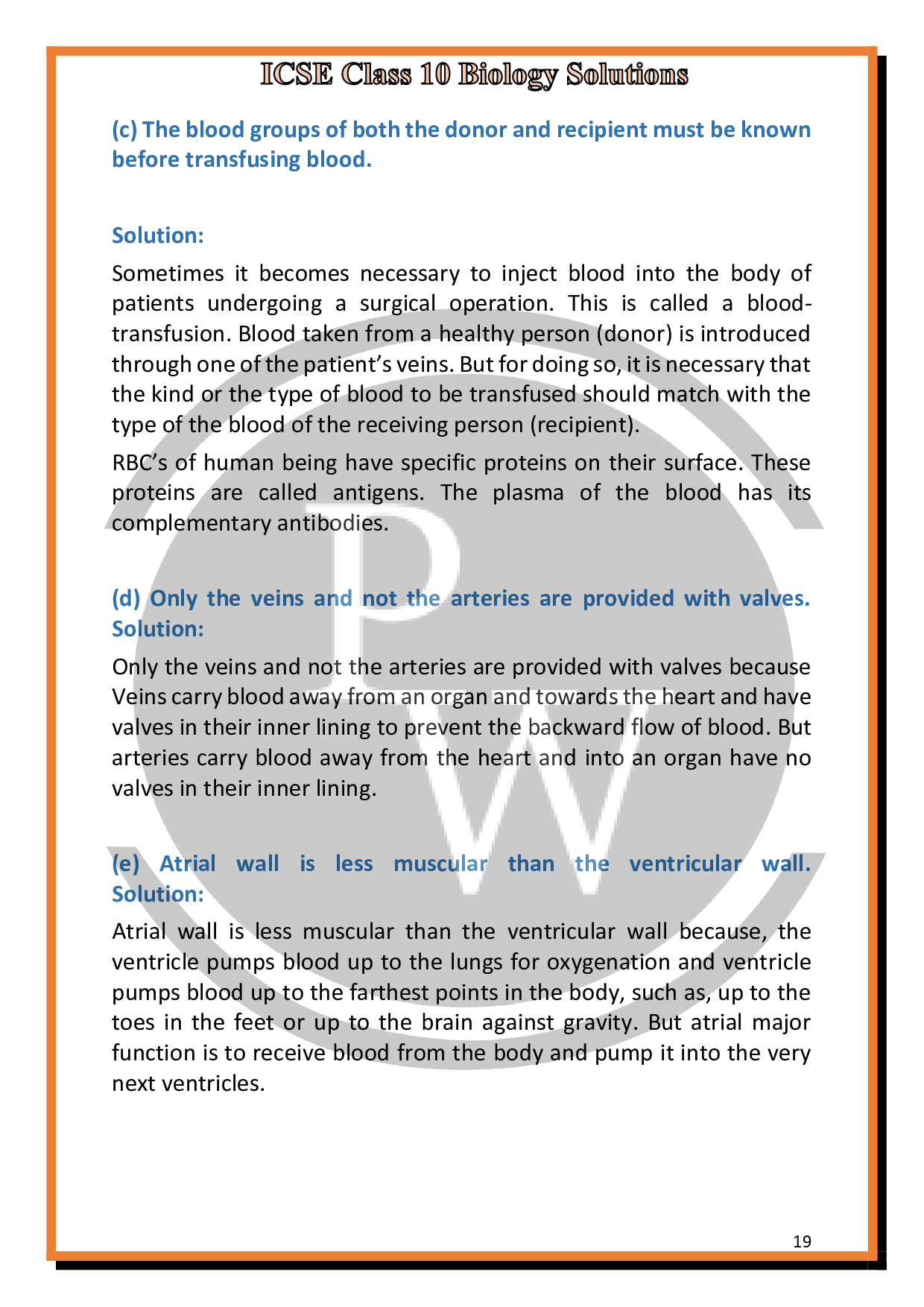 ICSE Class 10 Biology Solutions for Chapter 8 The Circulatory System | PW