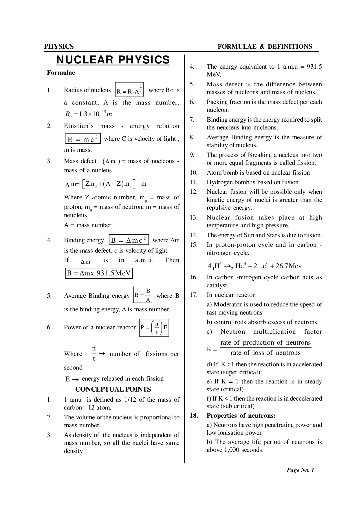 Formula booklet physics class 12 chapter Nuclear Physics |PhysicsWallah