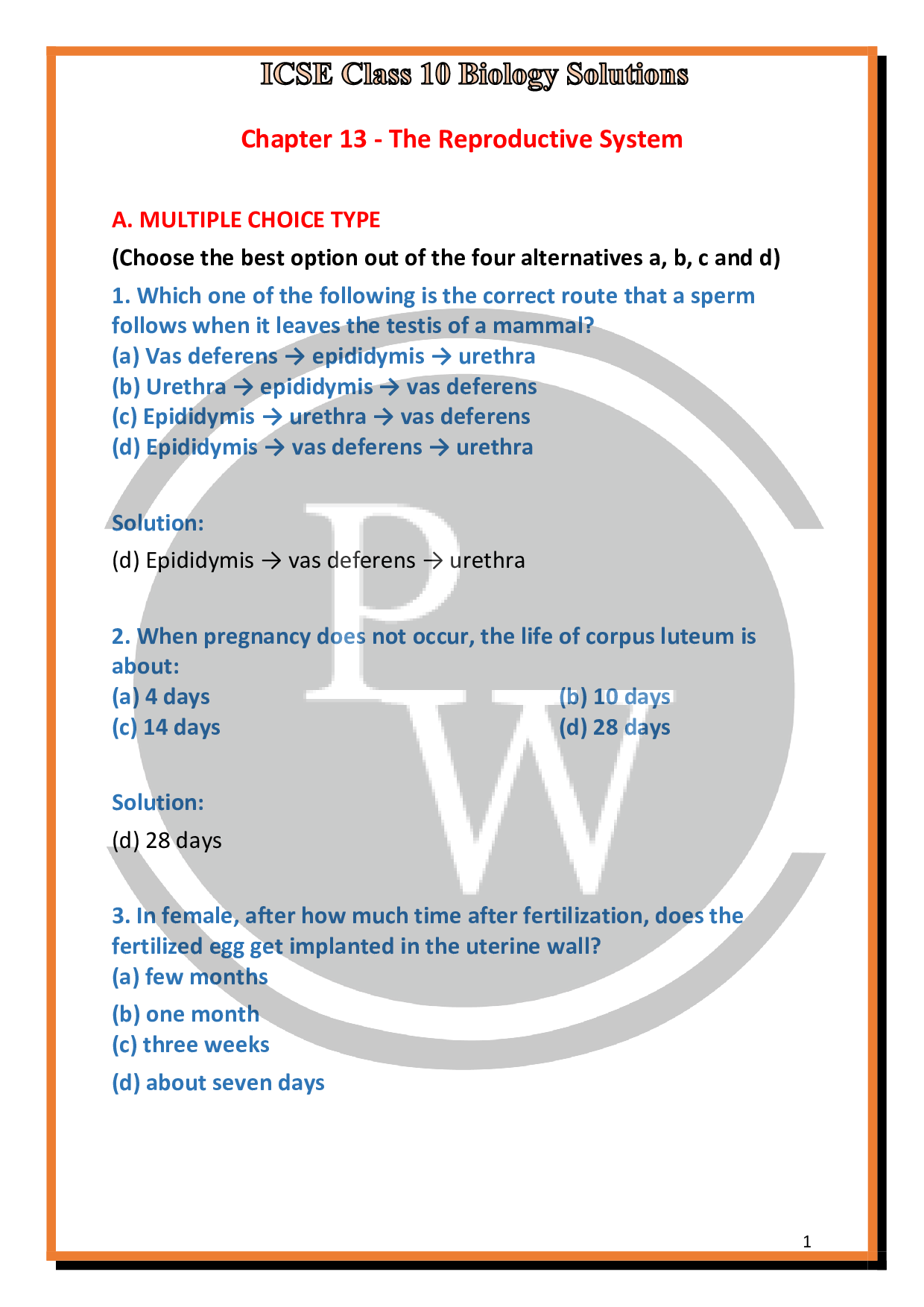 ICSE Class 10 Biology solutions For Chapter 13 The Reproductive System |PW