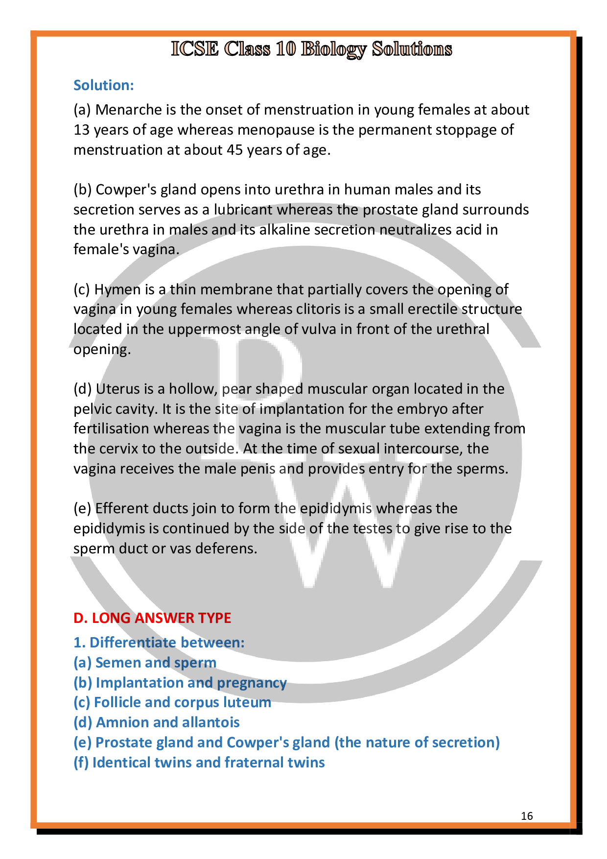 ICSE Class 10 Biology solutions For Chapter 13 The Reproductive System |PW