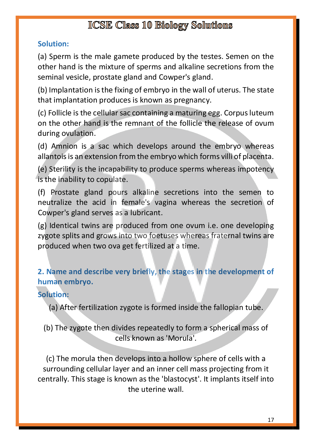 ICSE Class 10 Biology solutions For Chapter 13 The Reproductive System |PW