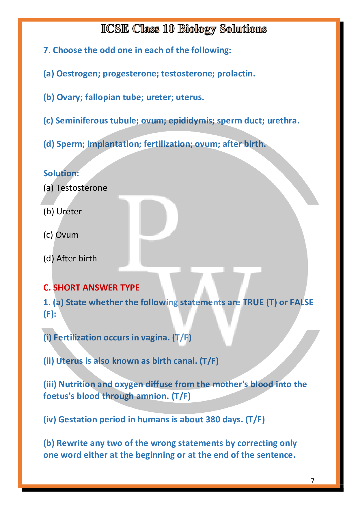 ICSE Class 10 Biology solutions For Chapter 13 The Reproductive System |PW