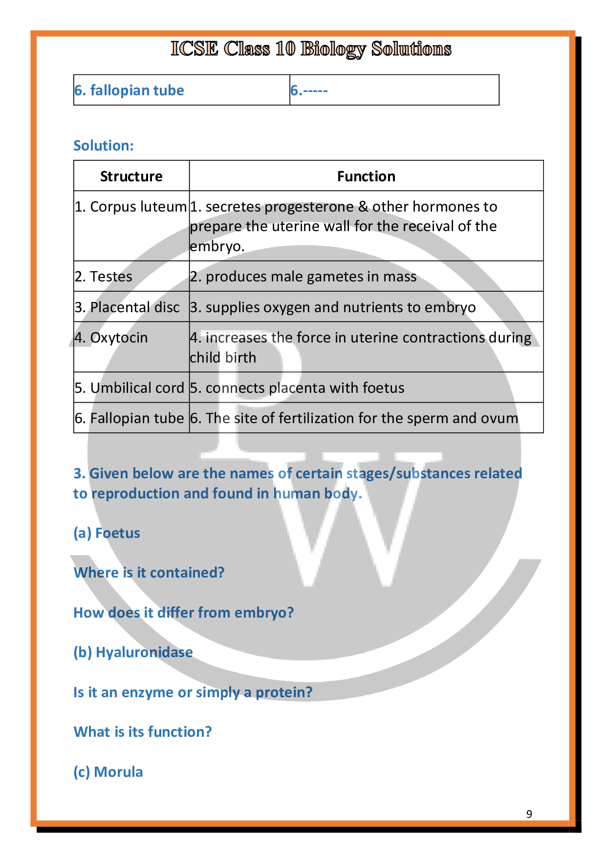 ICSE Class 10 Biology solutions For Chapter 13 The Reproductive System |PW