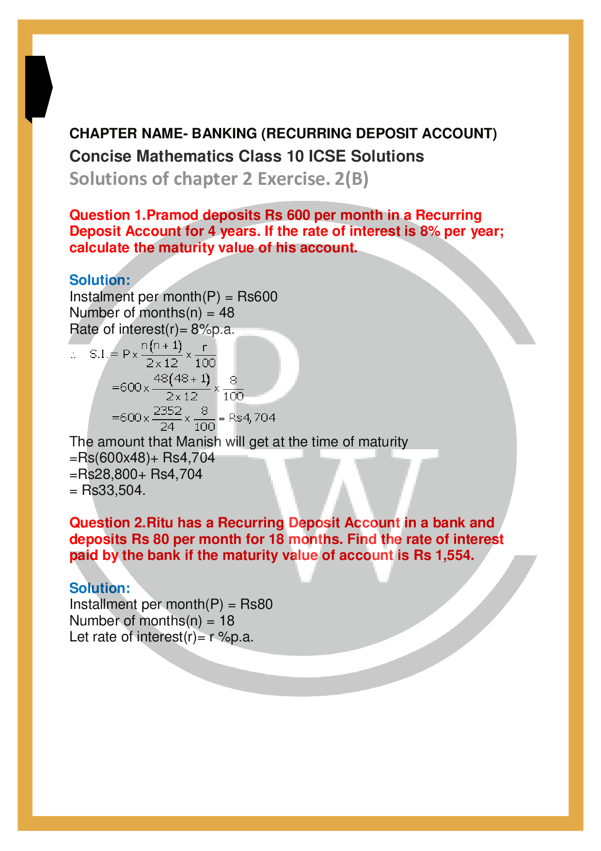 ICSE Class 10 Exercise-2B Banking Recurring Deposit Account