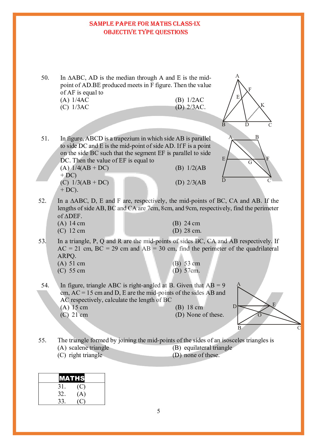 CBSE Sample papers-11 class 9 Maths (Obj. Type) |PW