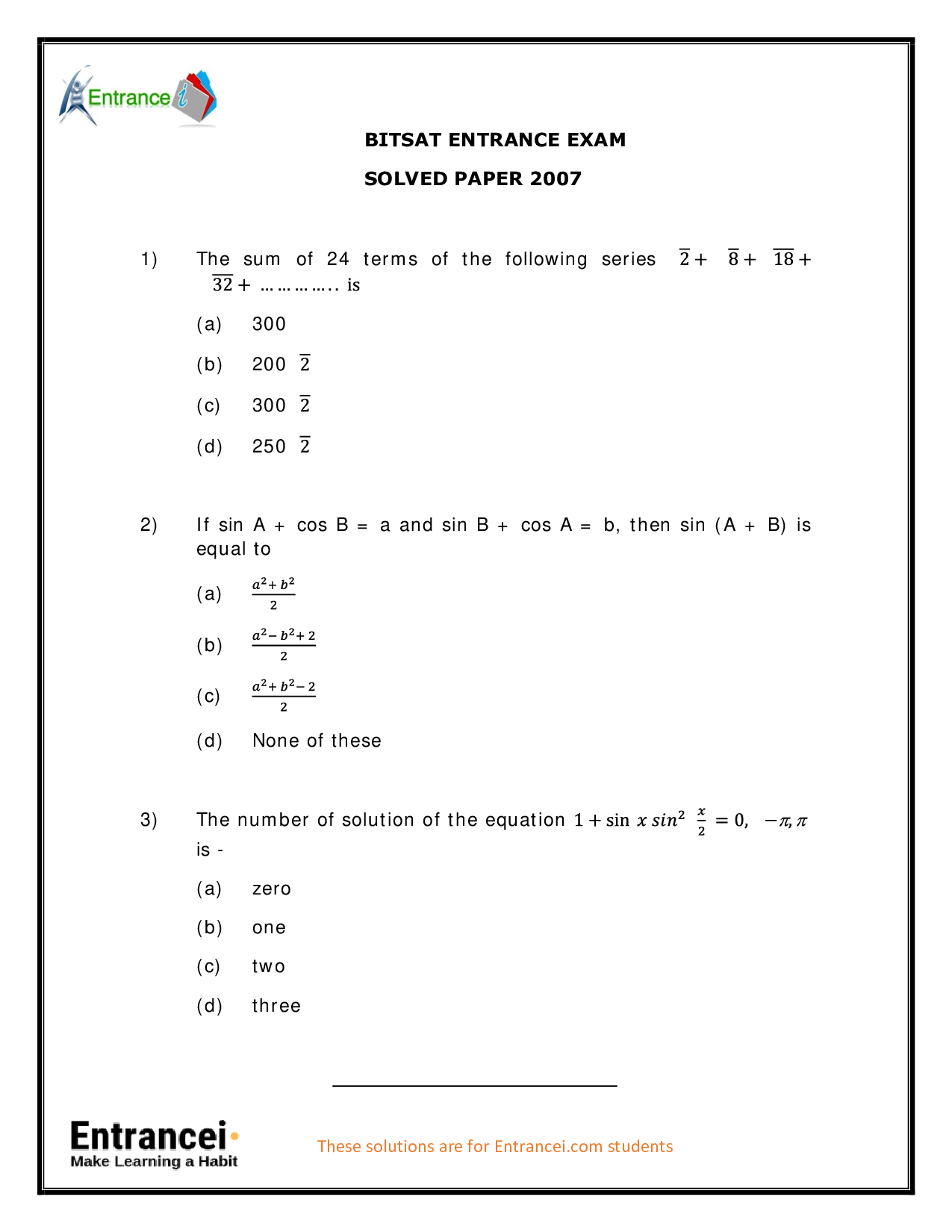 Previous Year BITSAT Question Paper-2007 With Answer Key | PW