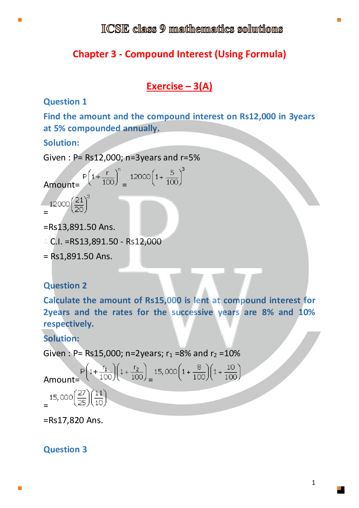 ICSE Solutions|Compound Interest (Using Formula)