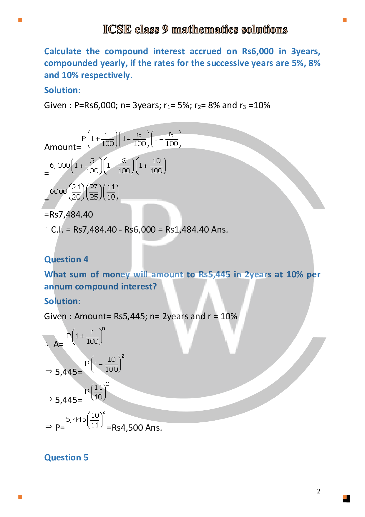 ICSE Solutions|Compound Interest (Using Formula)