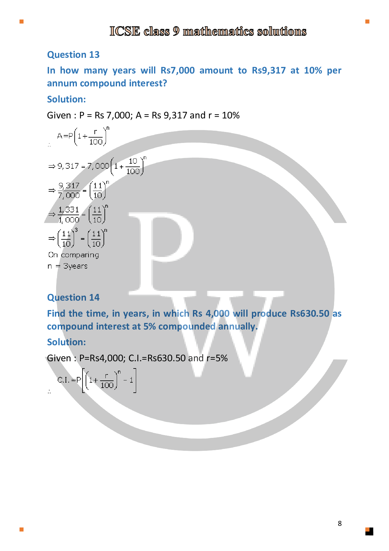 ICSE Solutions|Compound Interest (Using Formula)