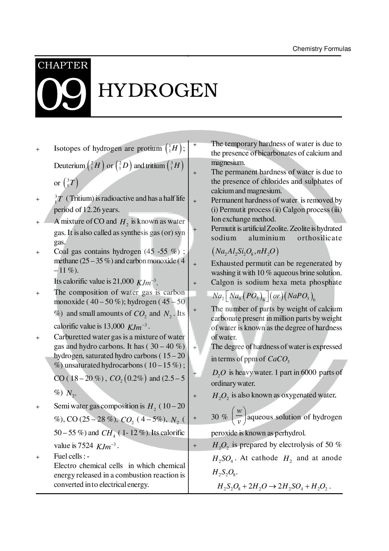 Chemistry formula for class 11 chapter- Hydrogen|Hydrogen formula pdf