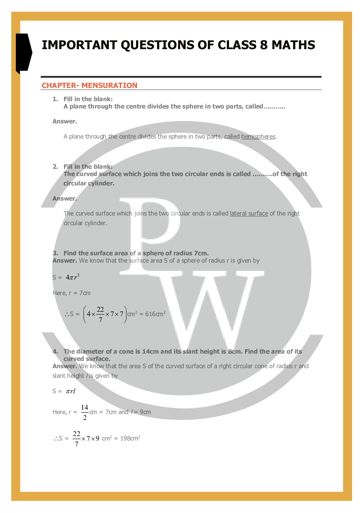 Important Questions For Class 8 Maths Chapter 11 Mensuration Free Pdf